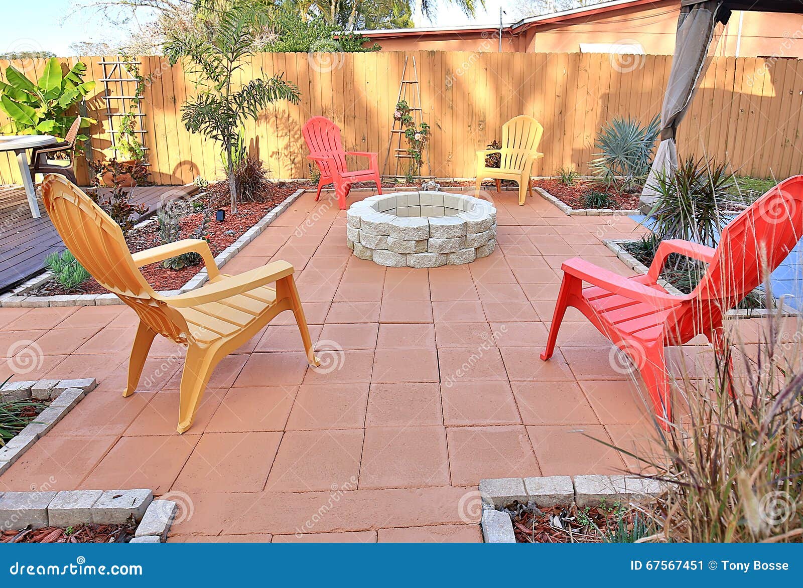 Backyard Fire Pit With Palo Verder Flowers Royalty-Free Stock ...