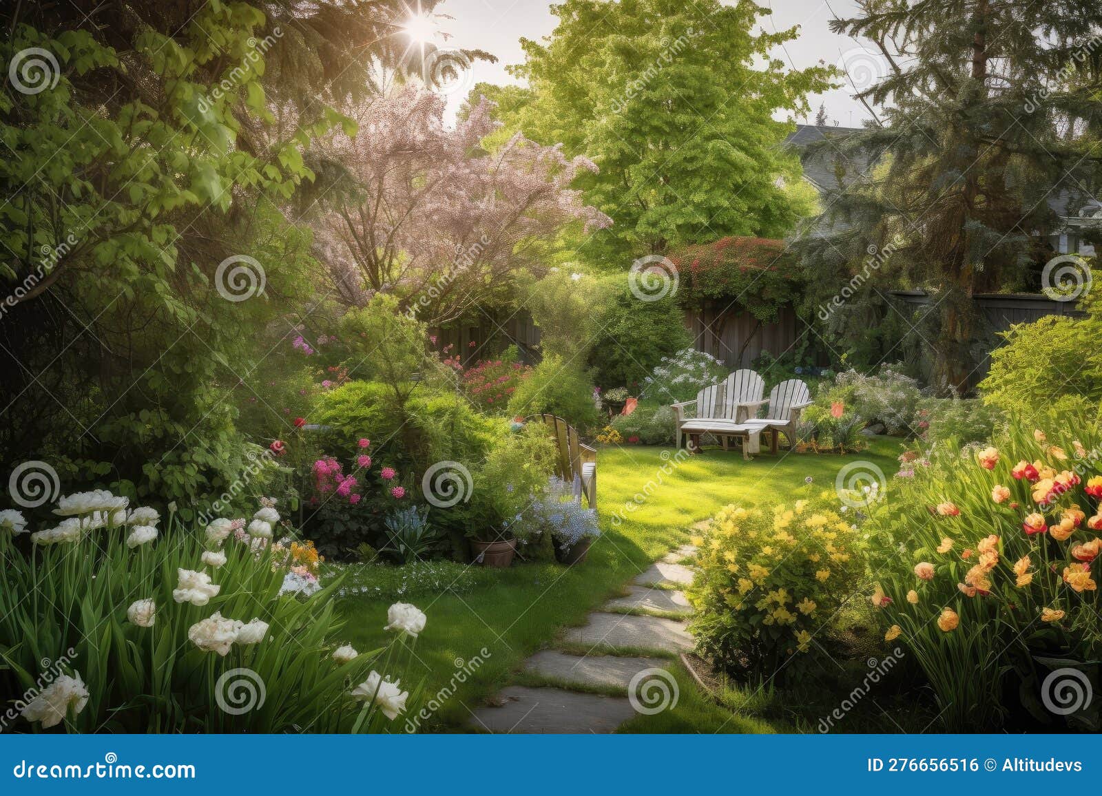 Backyard Full of Lush Greenery and Blossoming Flowers in Spring Stock ...