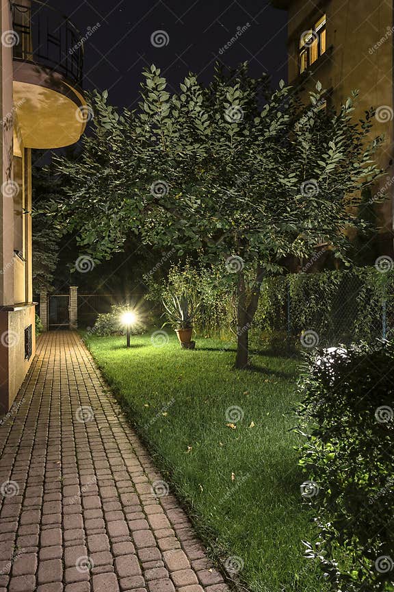 Backyard Garden Path at Night Stock Image - Image of stage, staircase ...