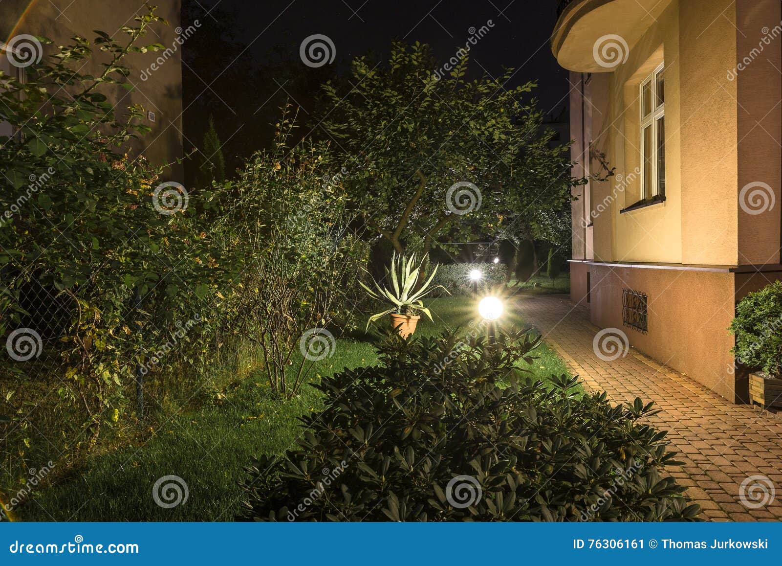 Backyard Garden Path at Night Stock Image - Image of landscape, light ...