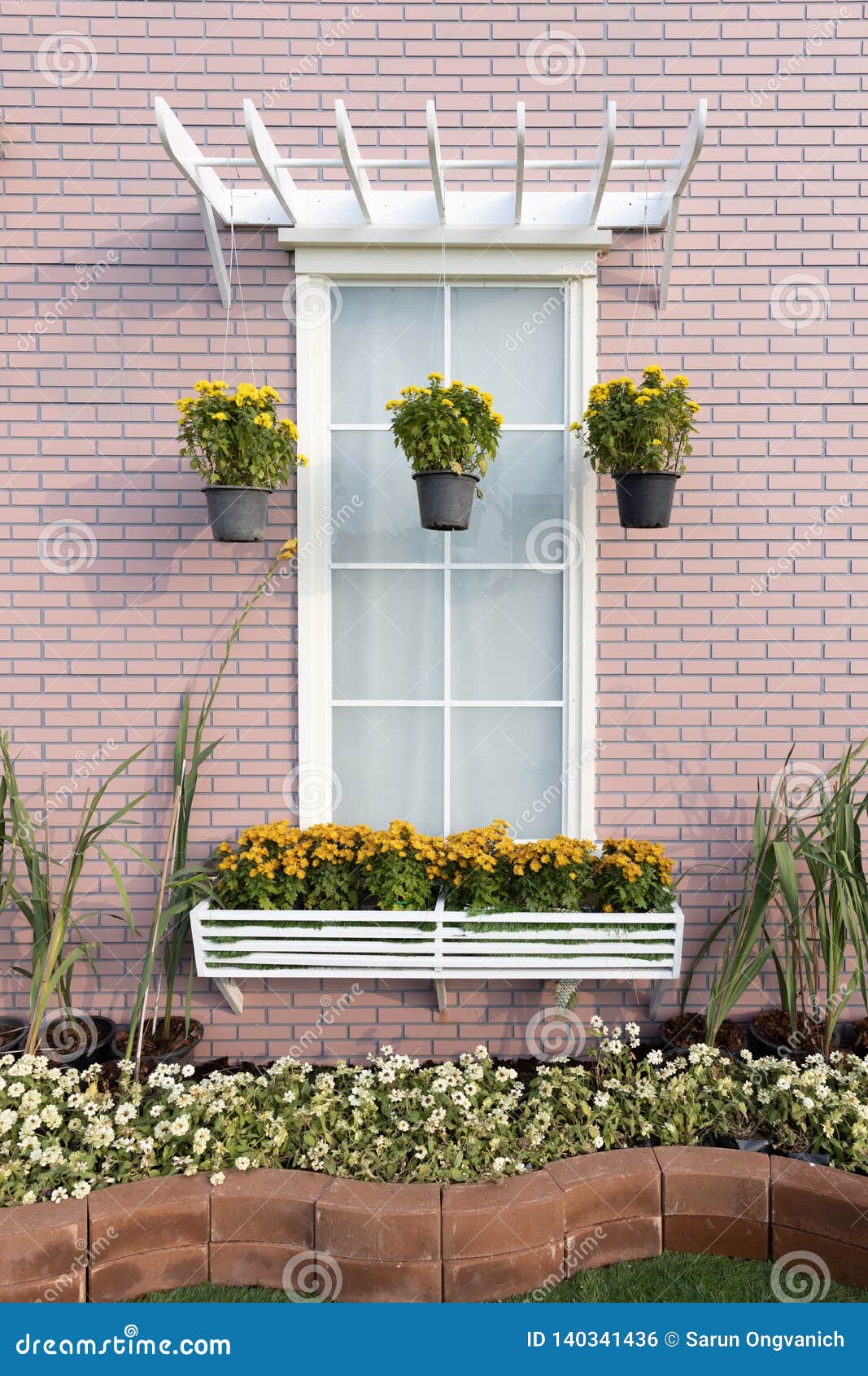 Backyard Garden with Pink Brick Wall Stock Photo - Image of facade ...
