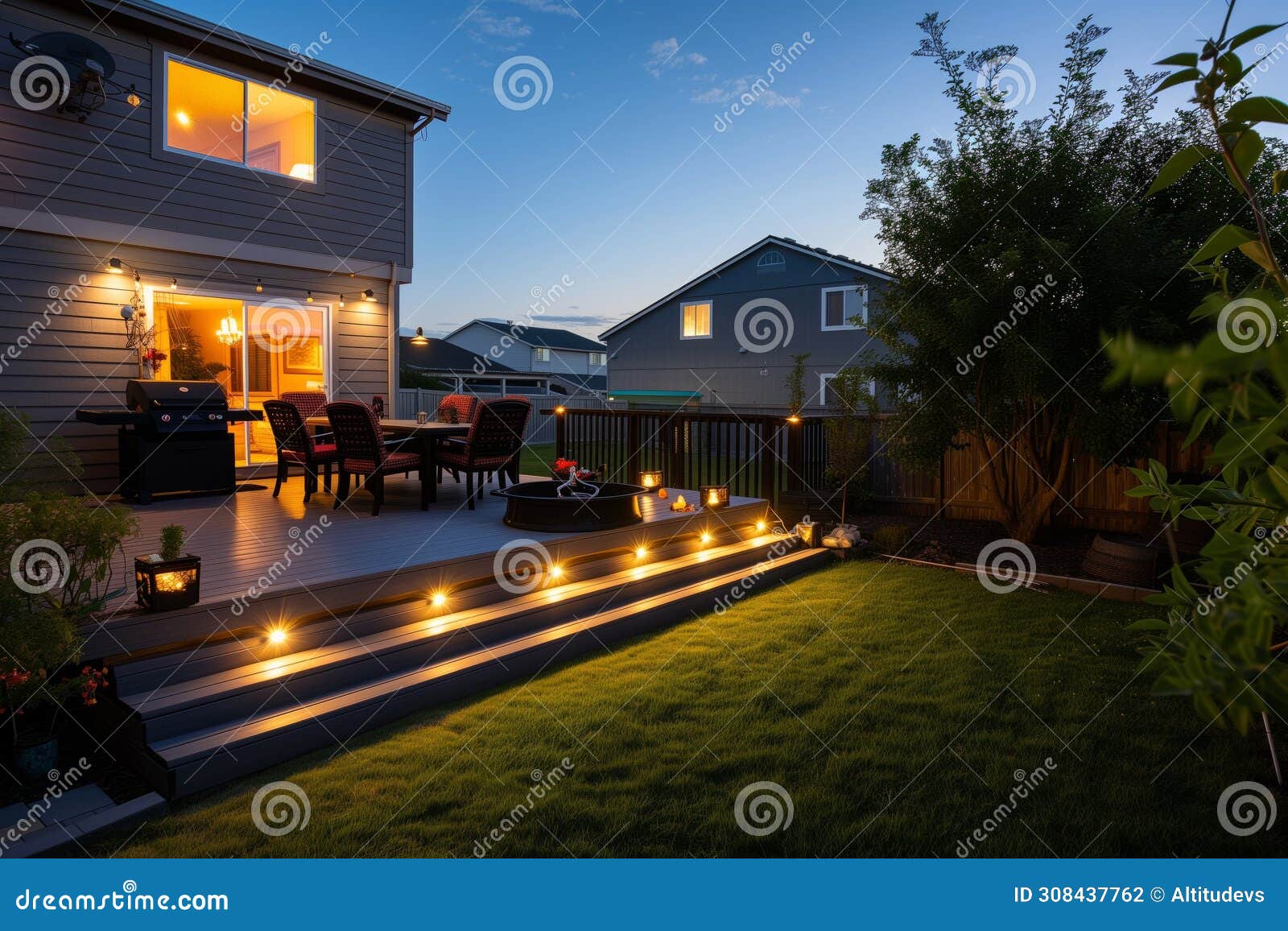 Backyard of a House with Deck Lights and Lit Barbecue Area Stock Photo ...
