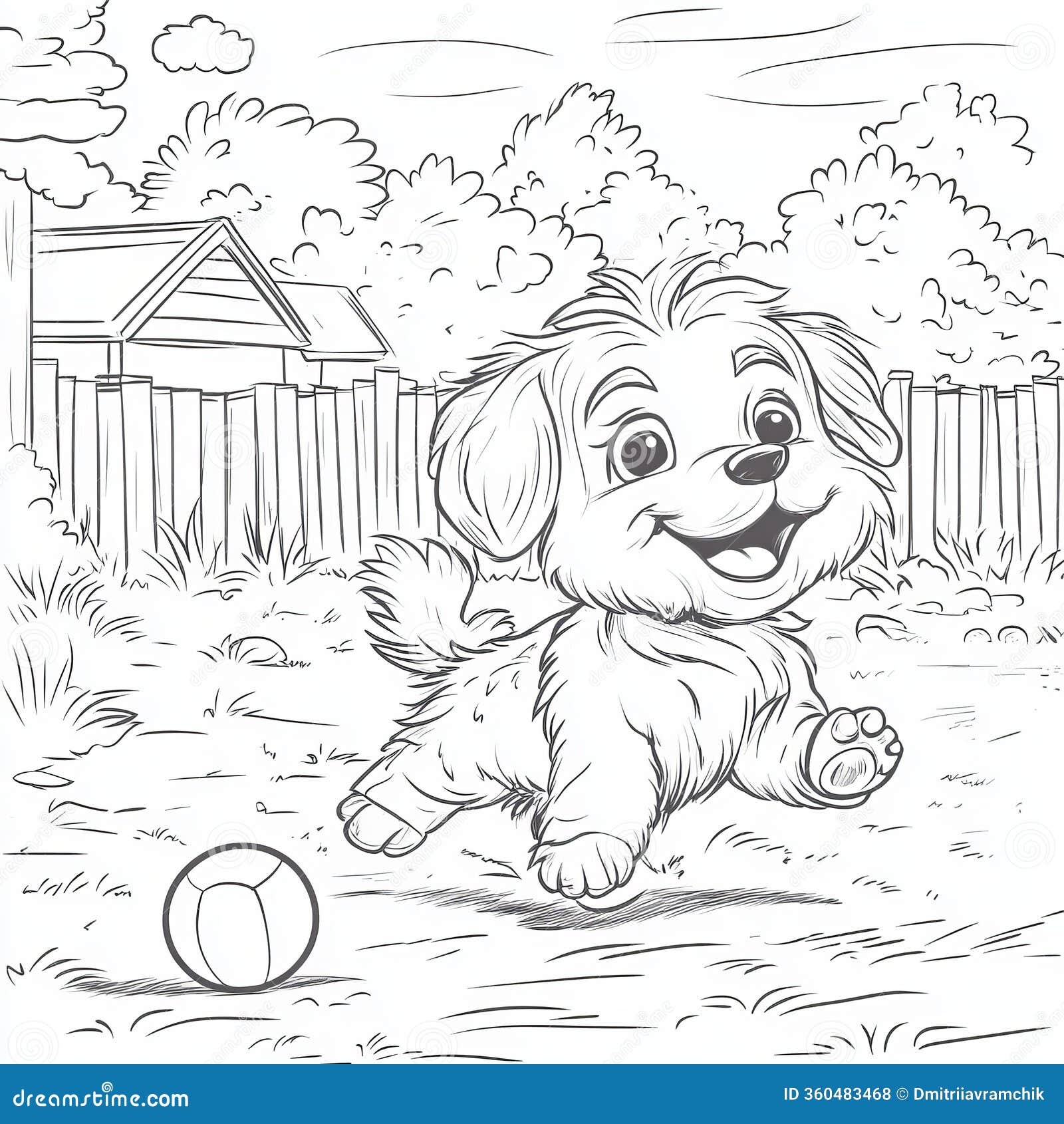 In the Backyard, a Lovable Dog Plays Fetch. Simple Outline Illustration ...