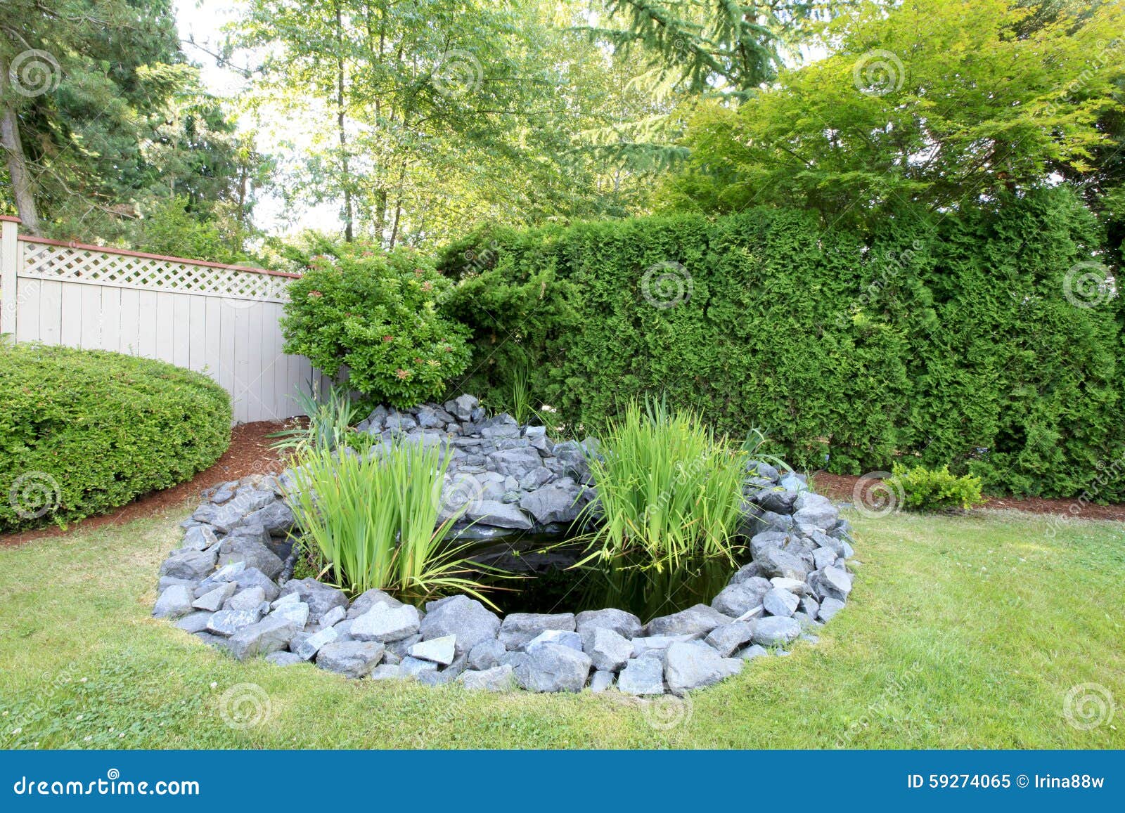 Backyard Pond with Grey Rocks and Green Fenced Yard. Stock Image ...