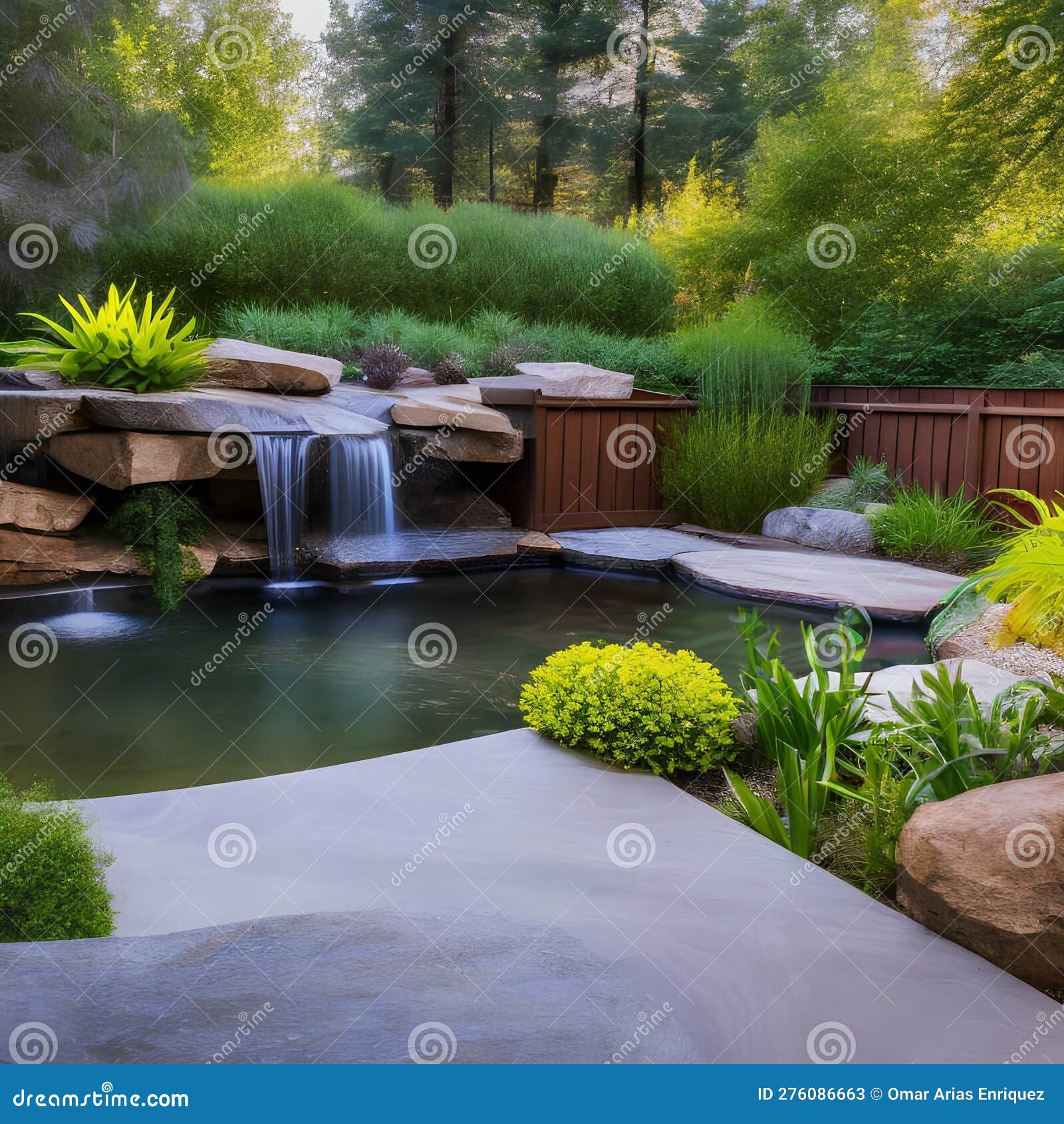 14 a Backyard Pond with a Waterfall, Plants, and a Seating Area1 ...