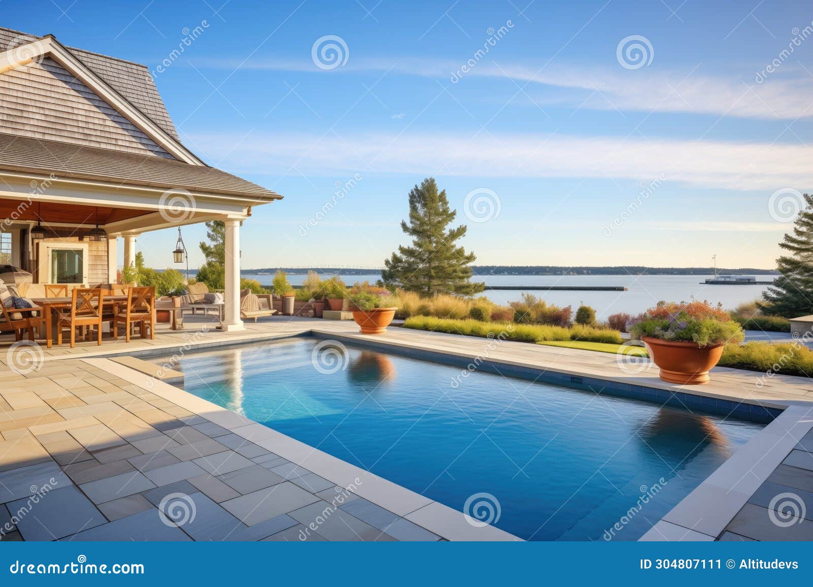 Backyard Pool of a Shingle Style House with Ocean Horizon Stock Image ...