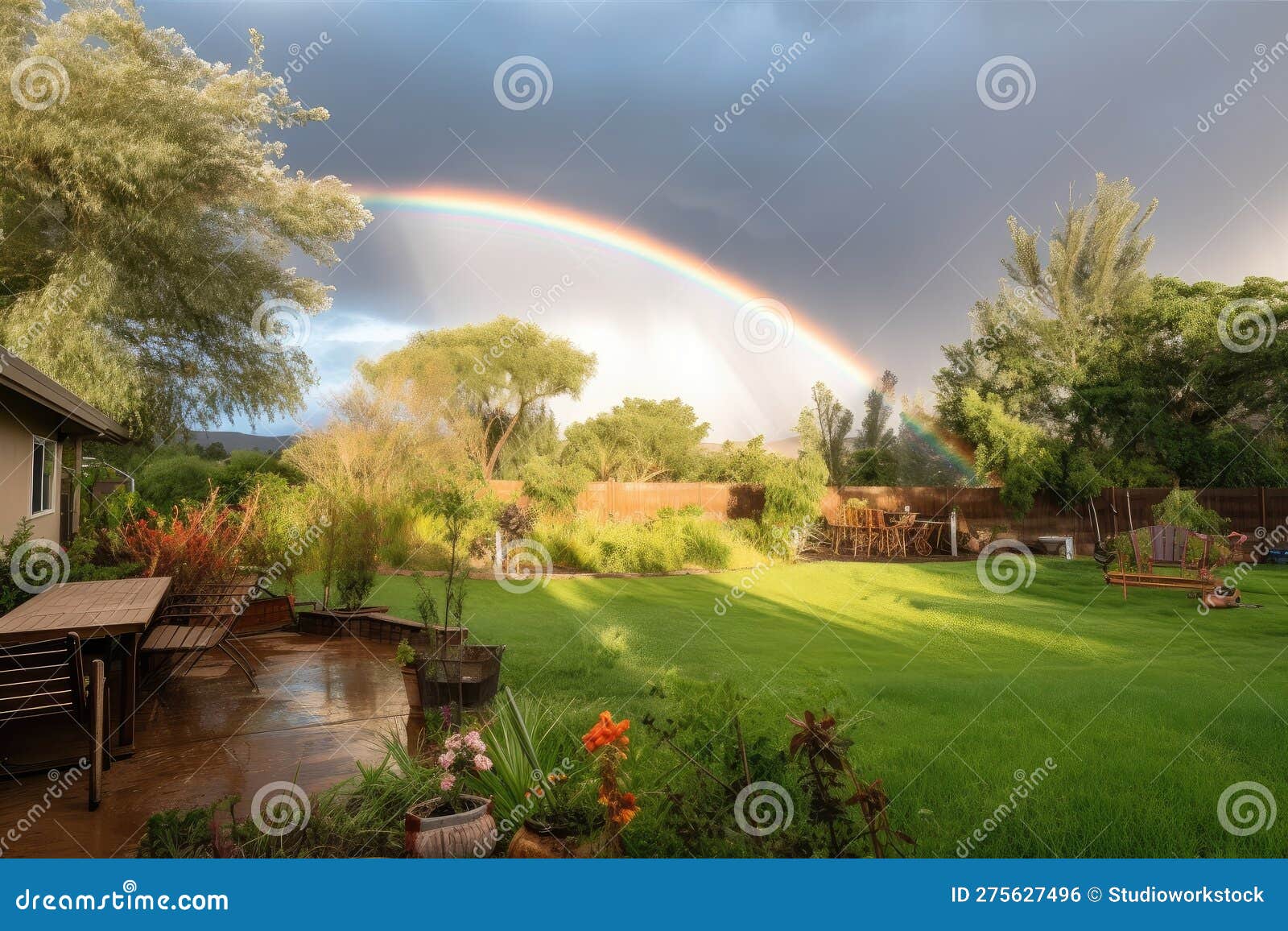 Backyard with Sprinkler and Rainbow in the Background Stock Illustration - Illustration of ...