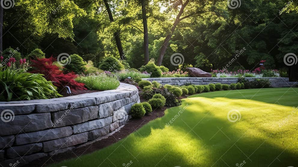 Backyard with Sturdy Stone Retaining Wall Stock Illustration ...