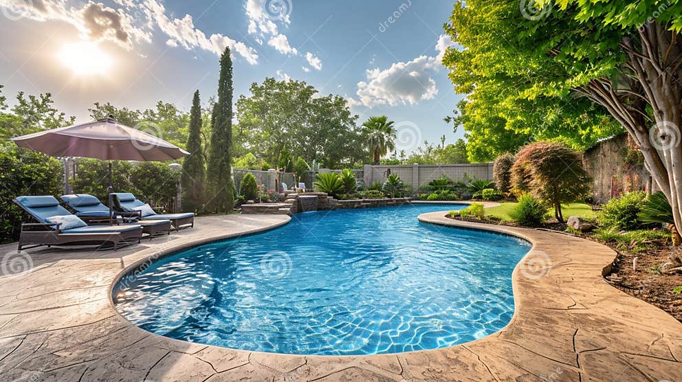 Backyard of Home with Swimming Pool and Trees in Private Place. Stock ...
