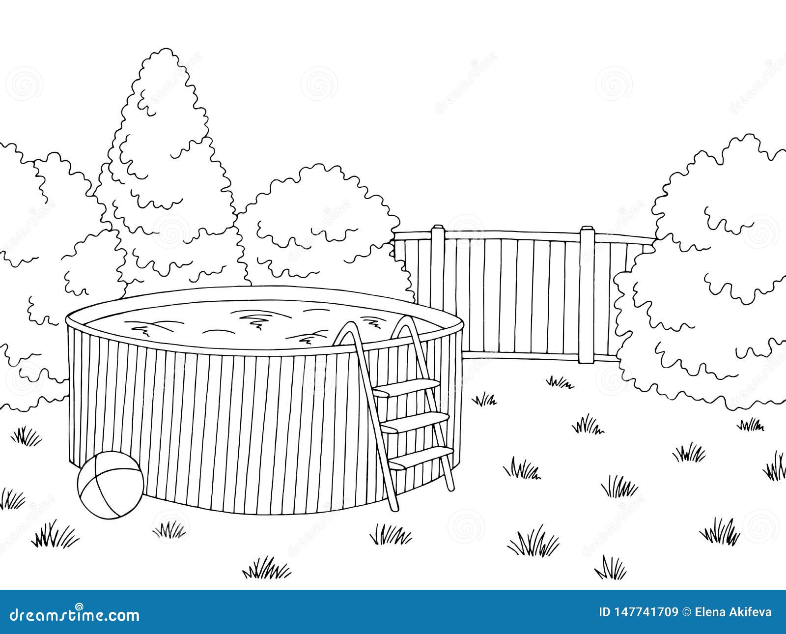 Backyard Swimming Pool Graphic Black White Landscape Sketch ...