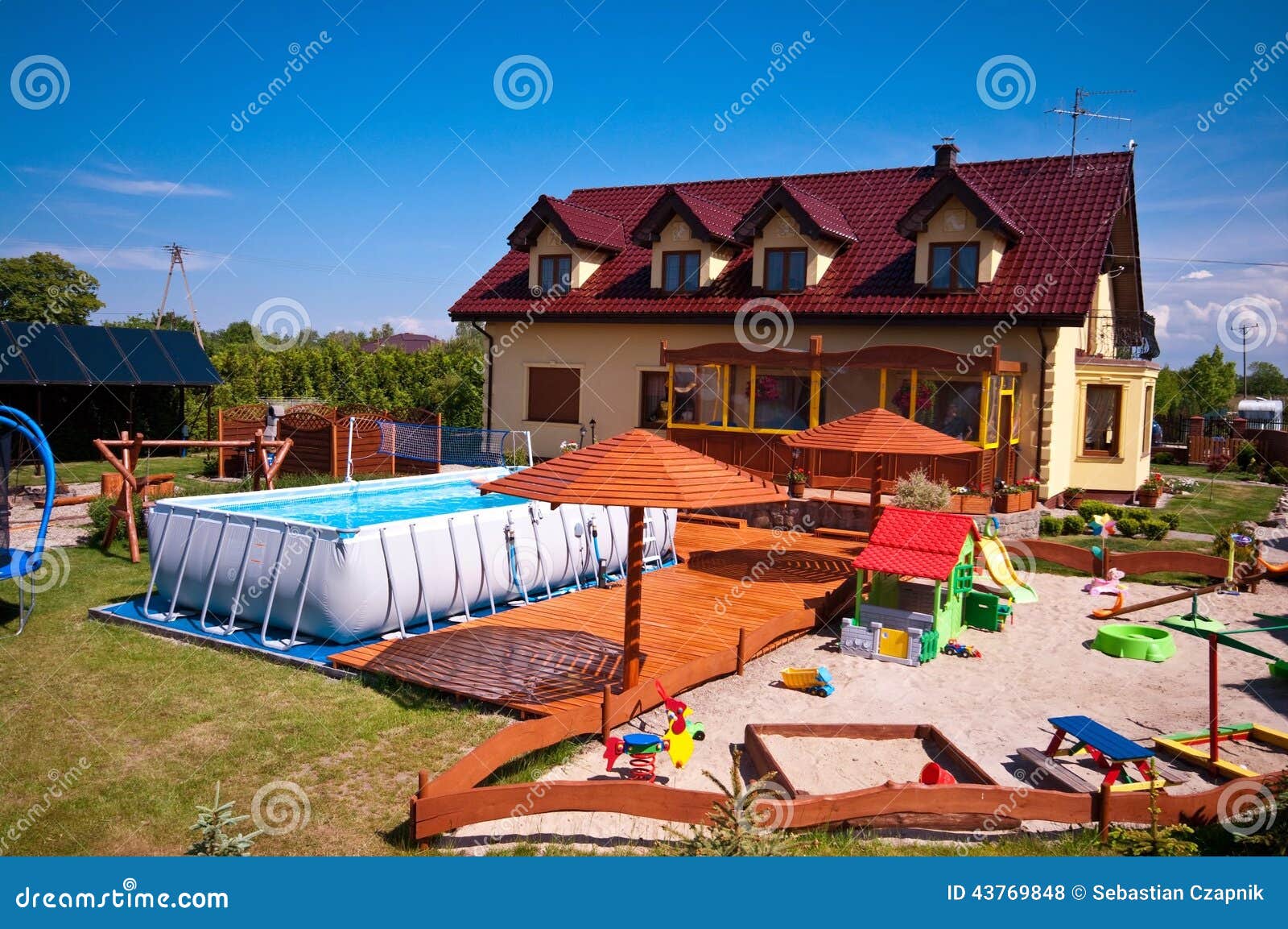Backyard with Swimming Pool and Sandbox Stock Photo - Image of sports ...