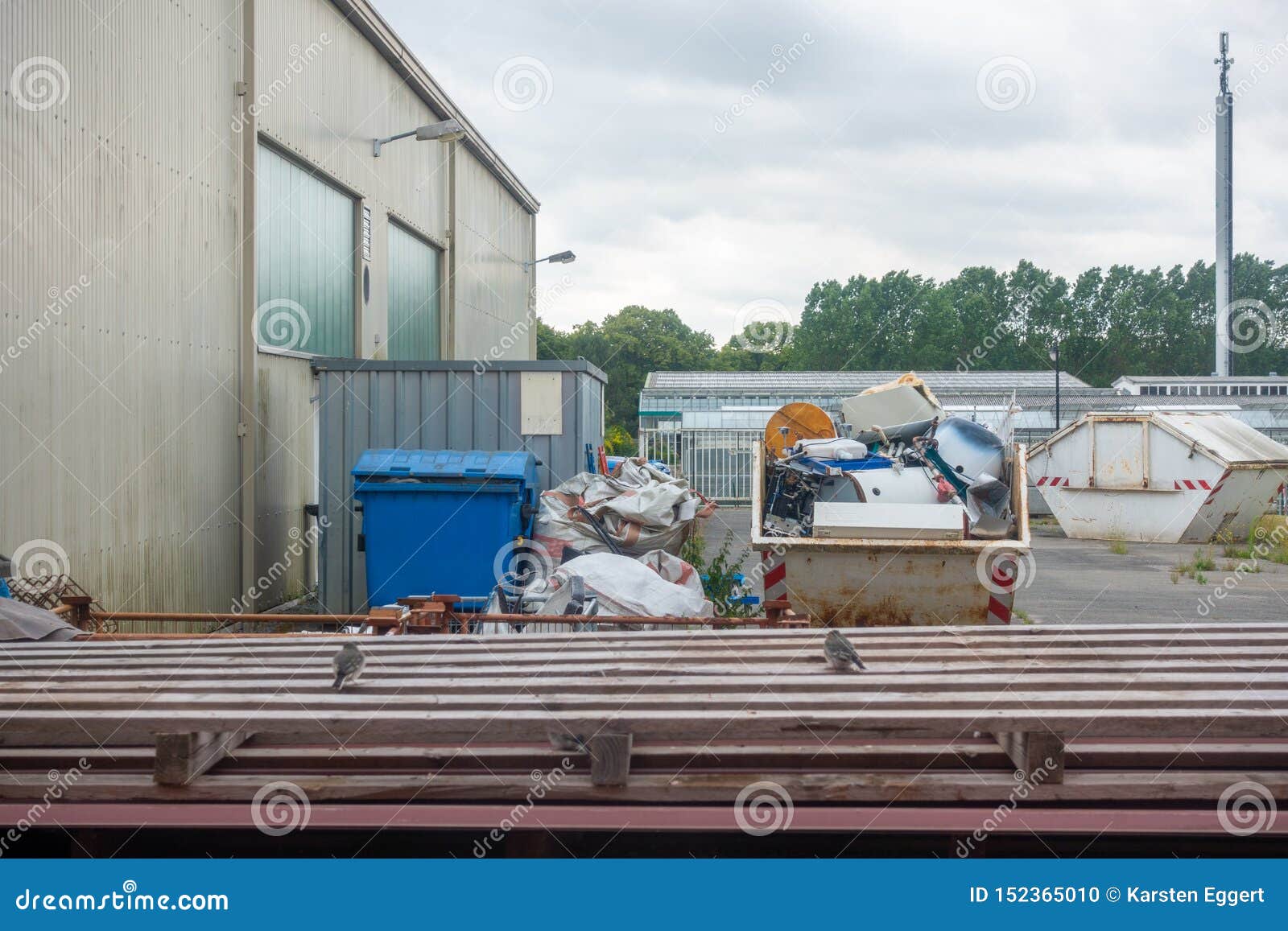 In a Backyard There are Garbage Containers and a White Container with ...