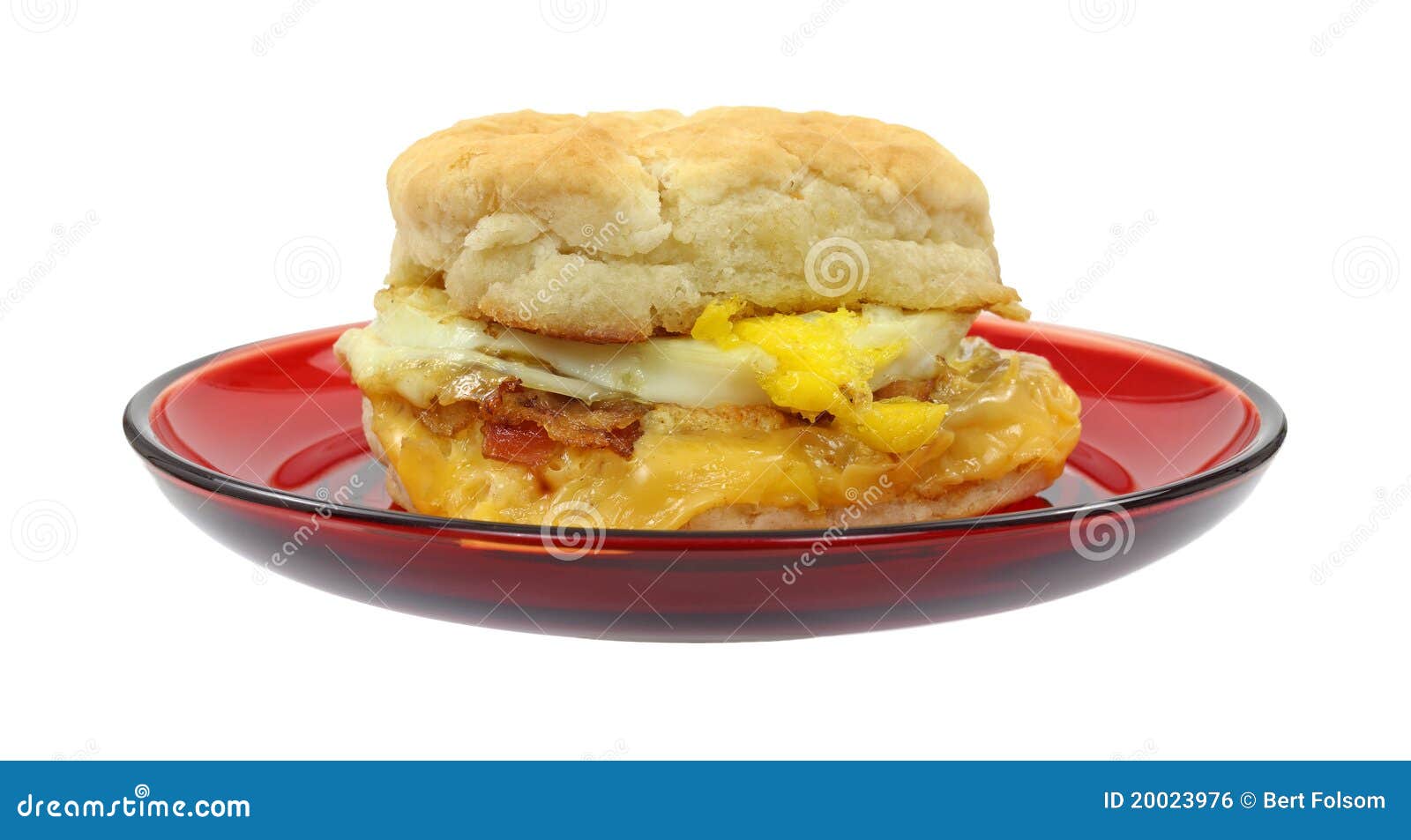 Bacon Breakfast Sandwich on Red Plate Stock Photo - Image of melted ...