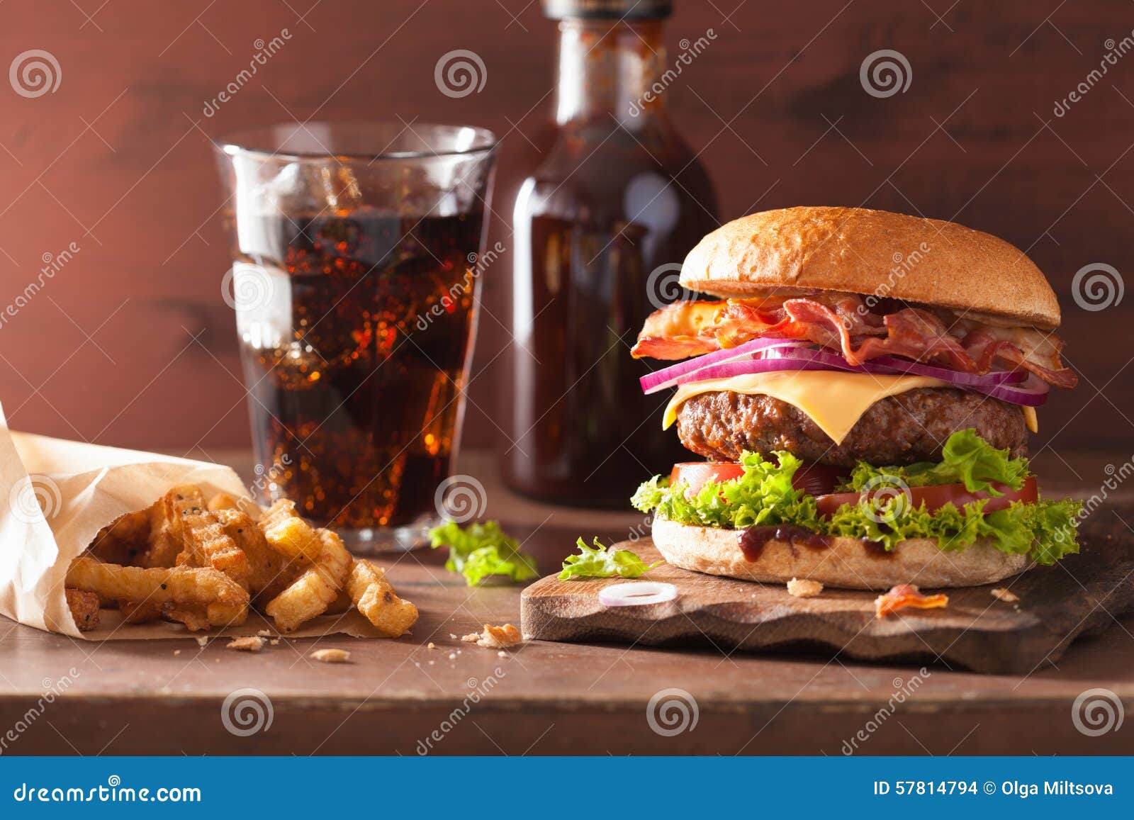 Bacon Cheese Burger with Beef Patty Tomato Onion Cola Stock Photo ...