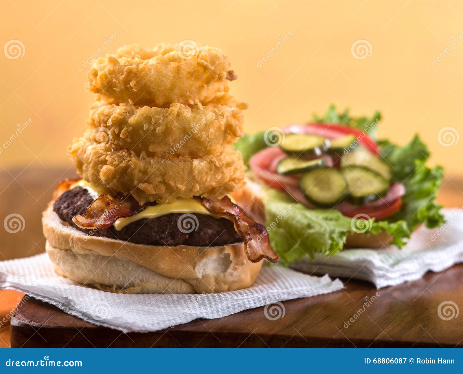 Bacon Cheeseburger with Stack of Onion Rings Stock Image - Image of ...