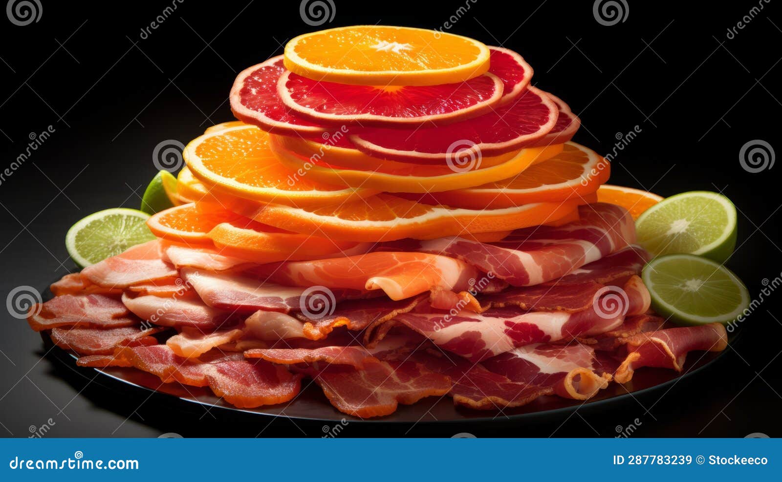 Bacon and Citrus Fruit Stack on Black Background Stock Illustration ...