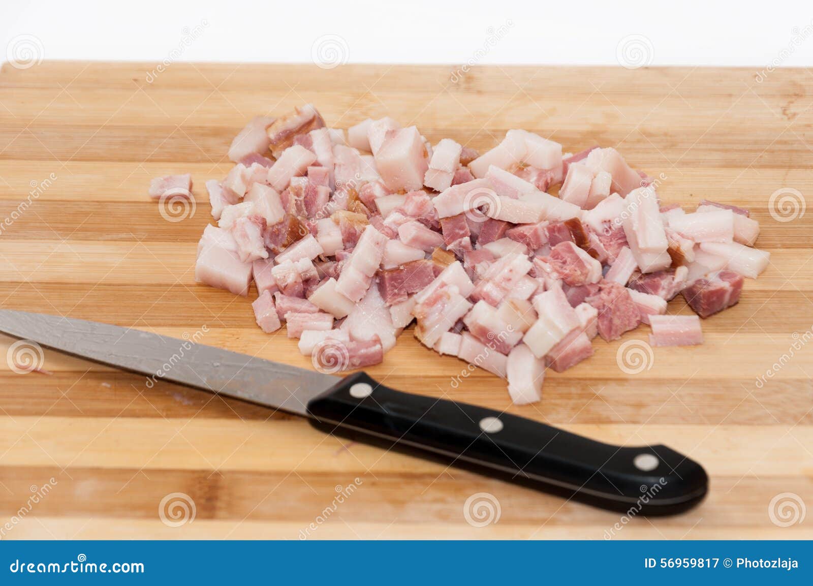 Bacon Cubes with Knife on the Wooden Board Stock Image - Image of diced ...