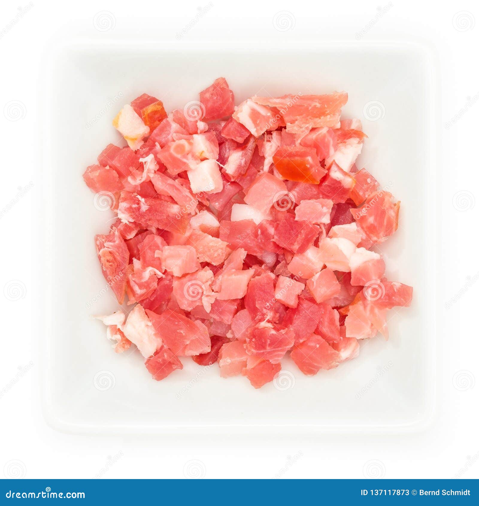 Bacon Cubes in a White Square Bowl Stock Image - Image of food, back ...