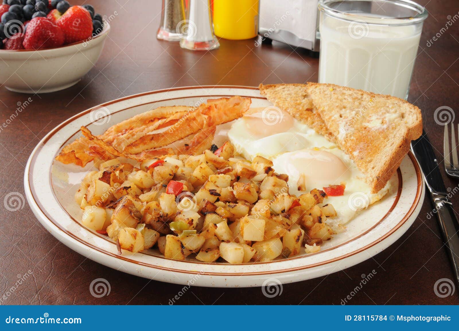 Bacon Eggs and Hash Browns for Breakfast Stock Photo - Image of juice ...