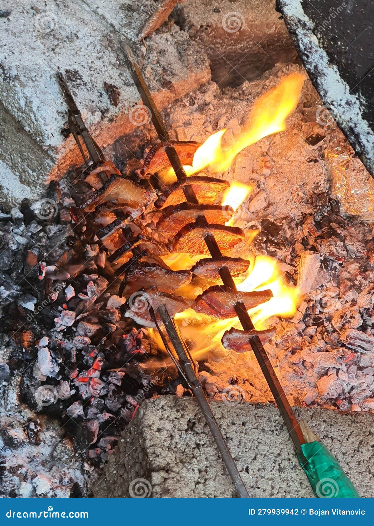 Bacon Fried on Open Fire Grill Stock Photo - Image of campfire, autumn ...