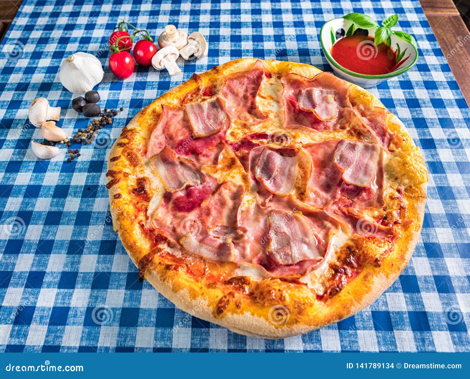 Bacon and Ham Pizza with Cheese Stock Photo - Image of basil, tabletop ...
