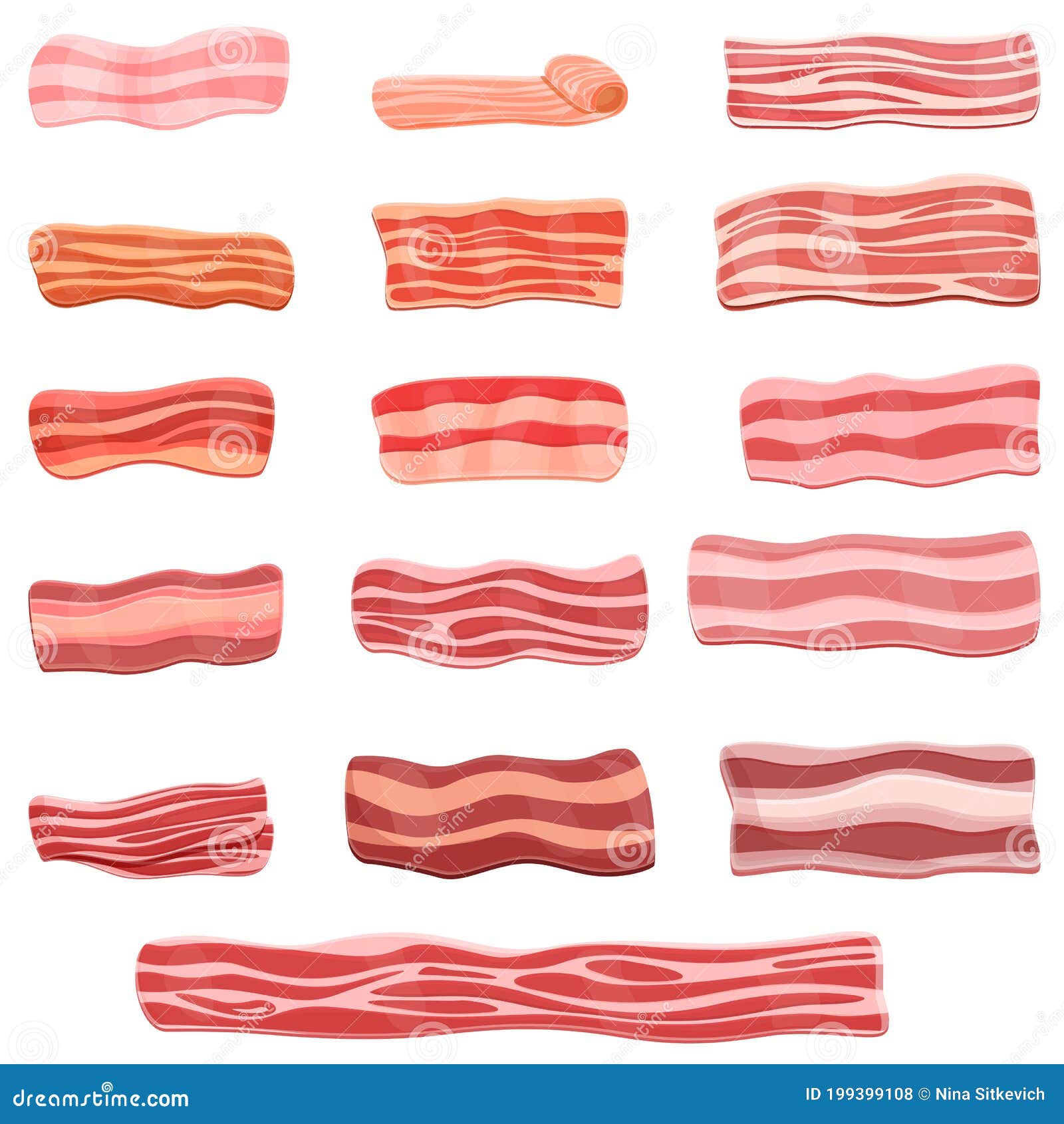 Set Of Bacon Icons On A White Background. Raw Smoked And Toasted Bacon ...