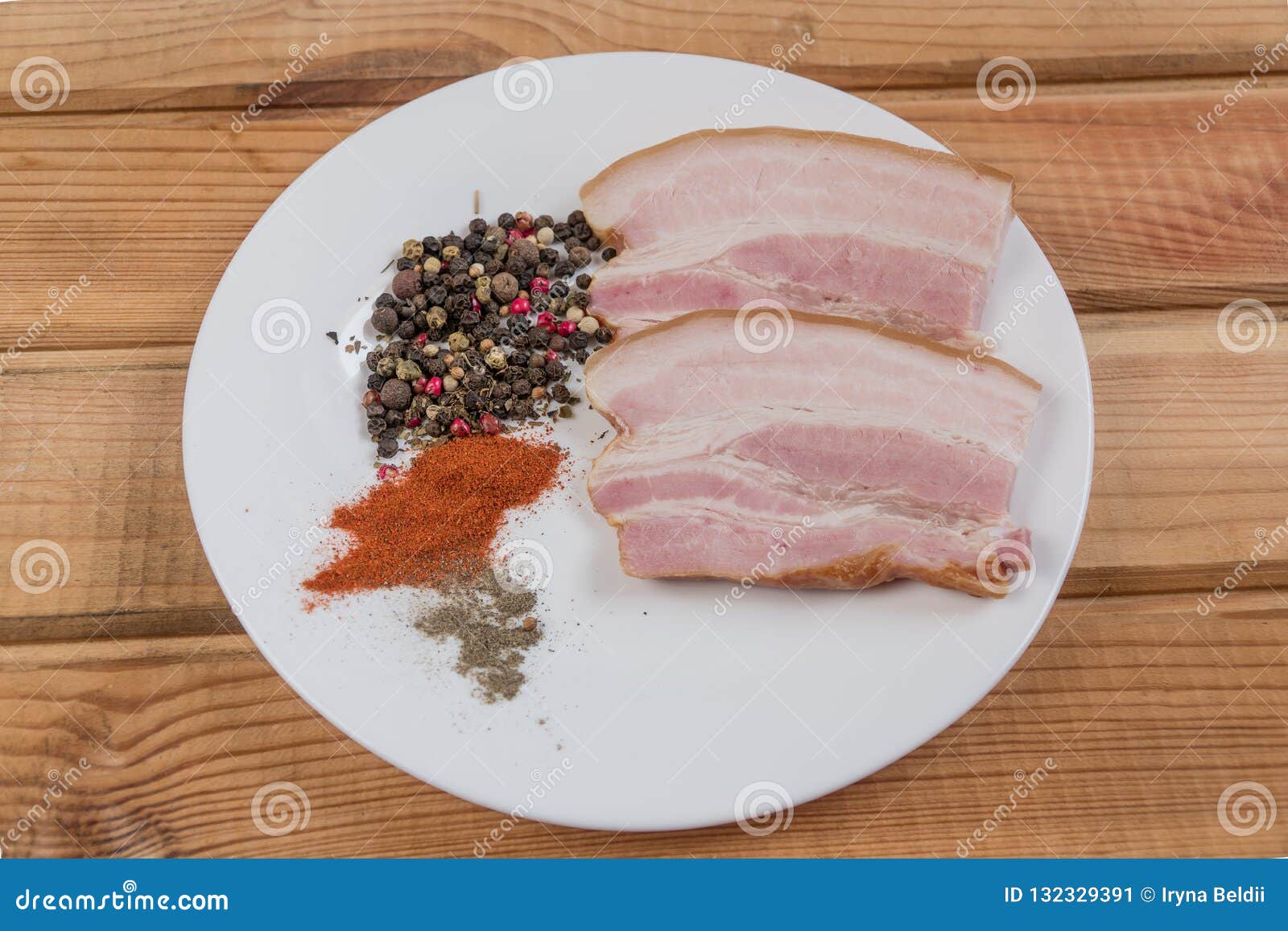 Bacon Meat with Spices Spices on a Wooden Table Stock Image - Image of ...