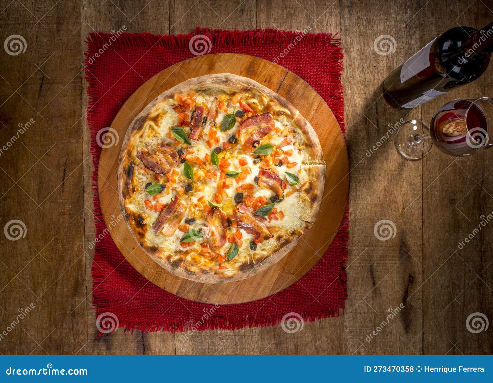 Bacon, Mozzarela,mushroom and Tomato Pizza Over Rustic Setting, Top ...
