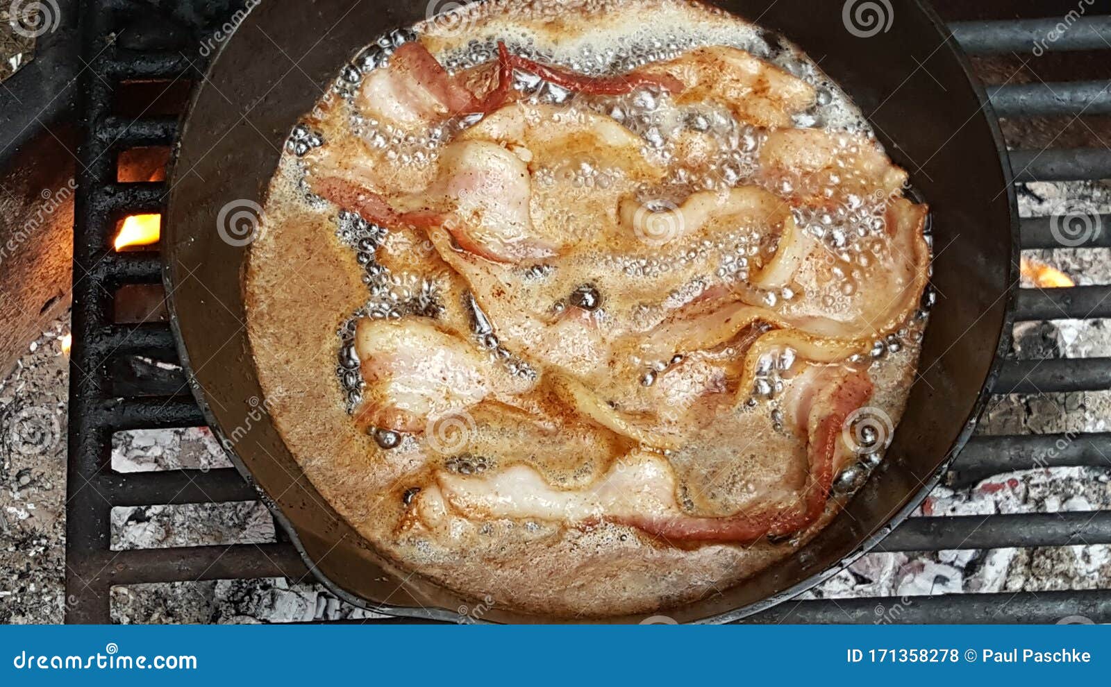 Bacon on an open fire stock photo. Image of bacon, breakfast - 171358278
