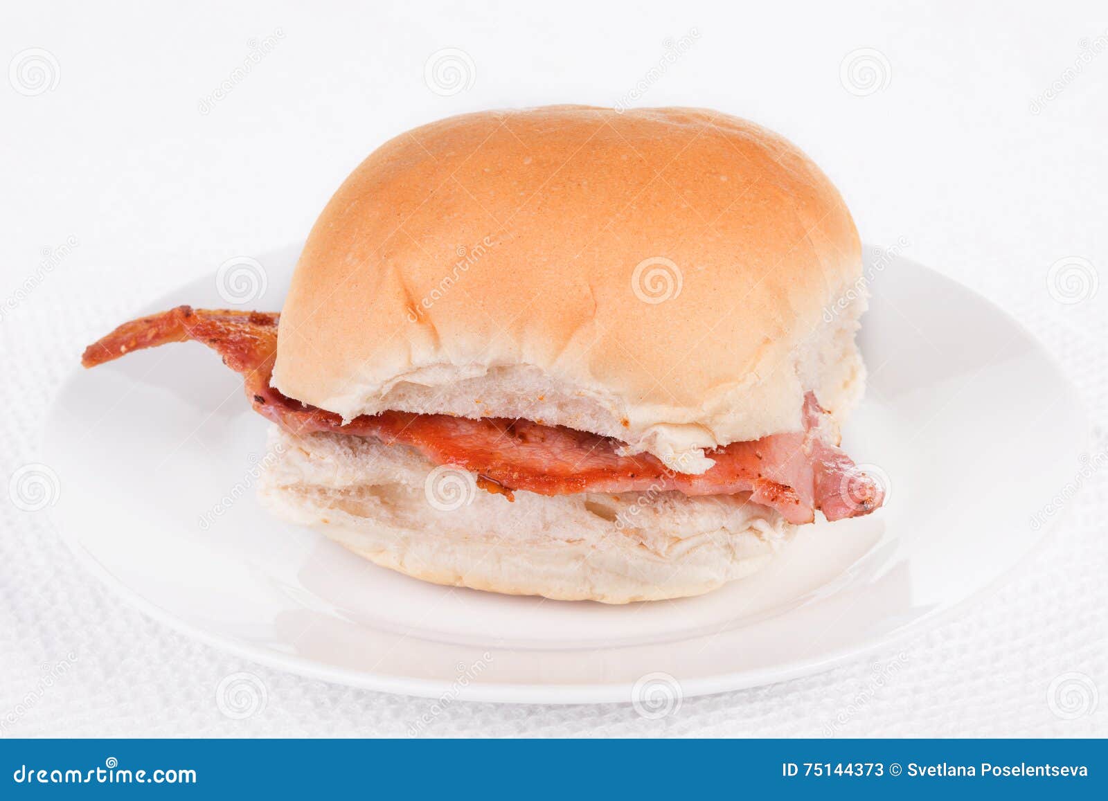 Bacon Roll, Bap or Bun on a White Plate Stock Image - Image of grilled ...