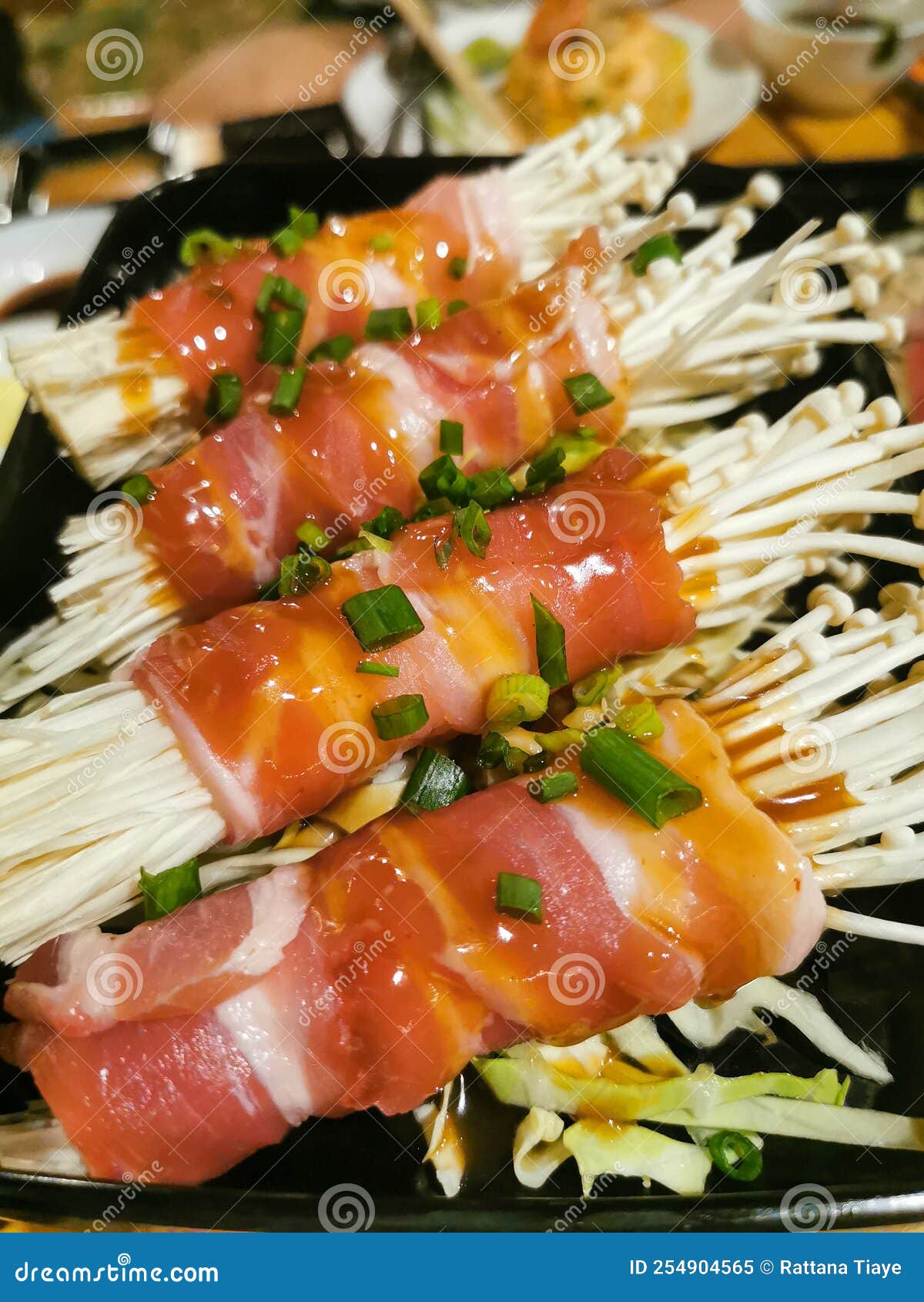 Bacon Roll Wrapped with Enoki Mushroom Stock Image - Image of golden ...