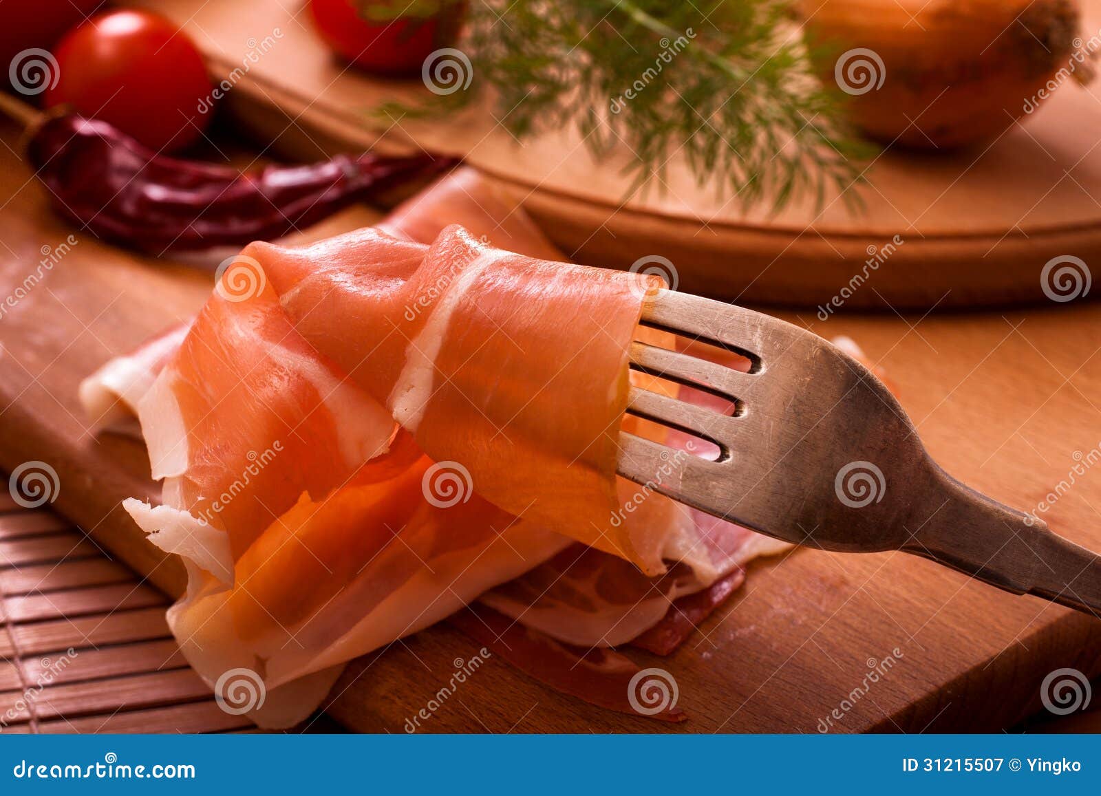 Bacon on silver fork stock image. Image of kitchen, lard - 31215507