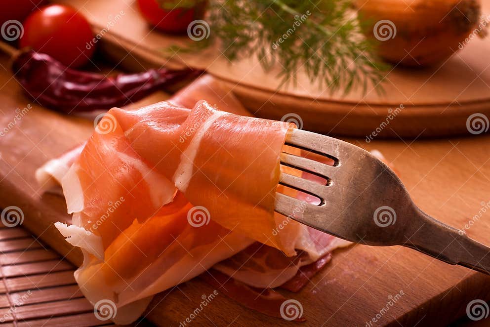 Bacon on silver fork stock image. Image of kitchen, lard - 31215507