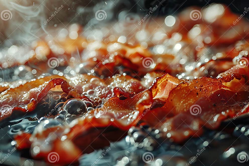 Bacon Strips Cooking Sizzling in Pan with Steam and Smoke Stock ...
