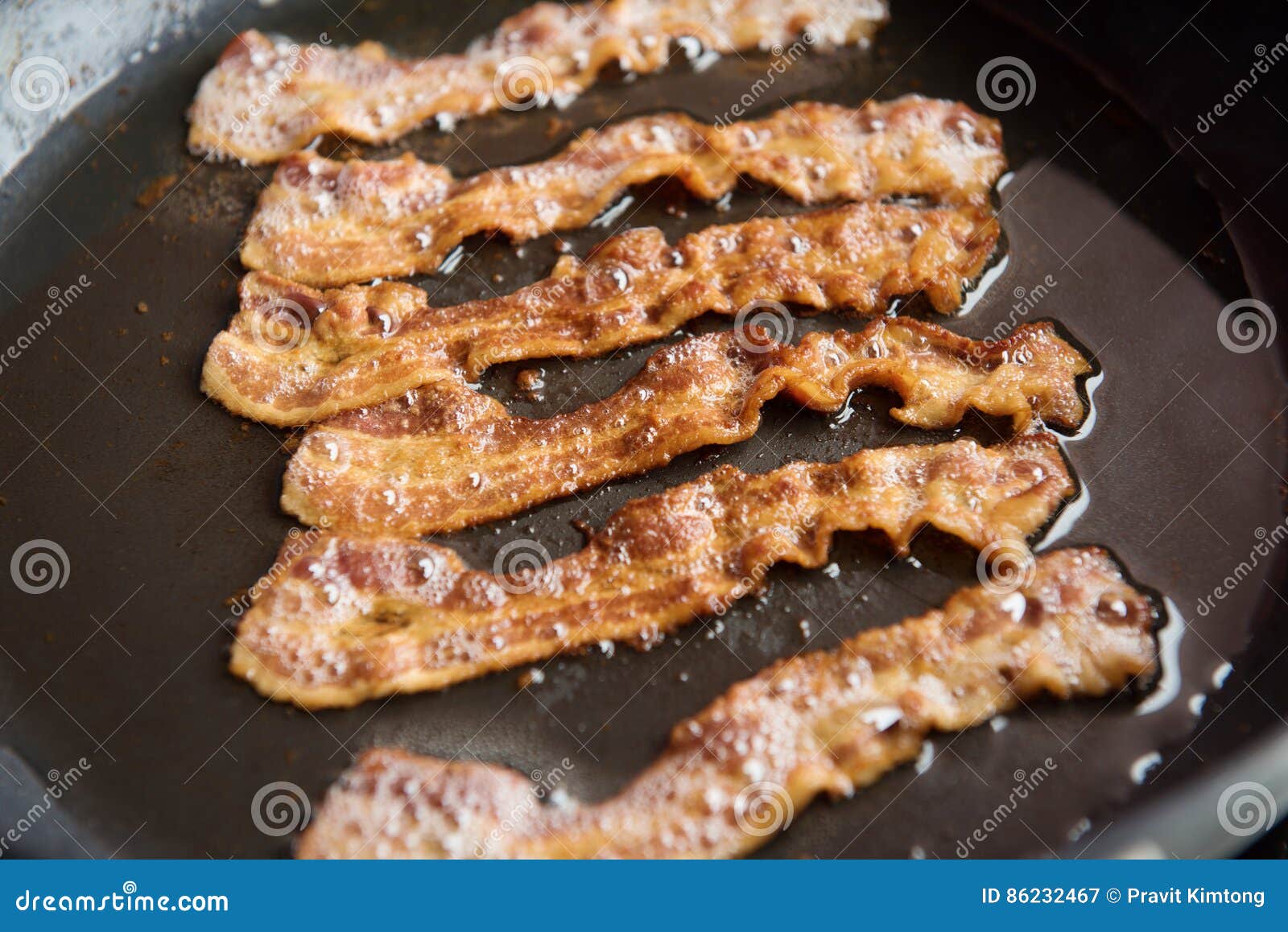 Bacon Slice Being Cooked in Frying Pan. Stock Image - Image of grilled ...