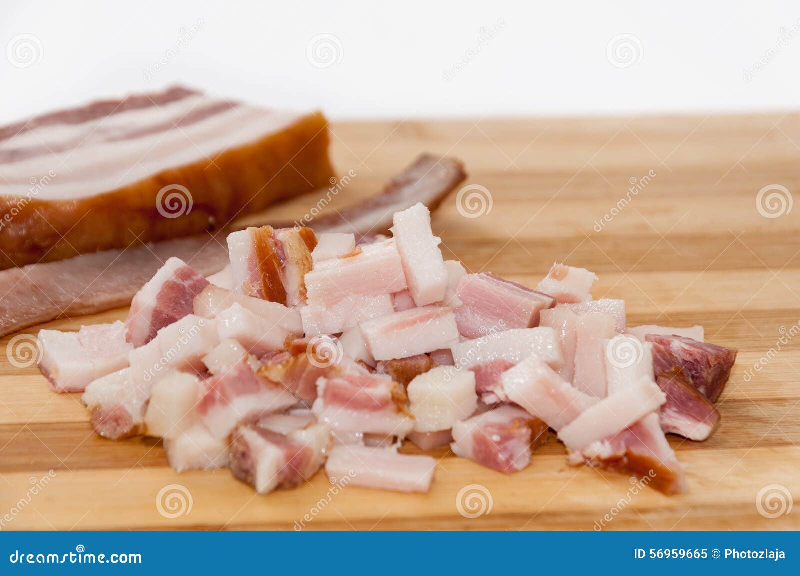 Bacon with Sliced Bacon Cubes on the Wooden Board Stock Image - Image ...