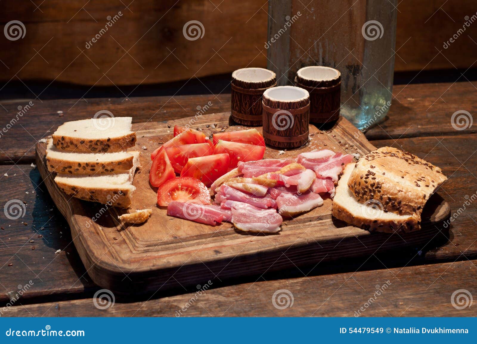 Bacon, Tomato, Bread and Vodka Stock Image - Image of table, moonshine ...