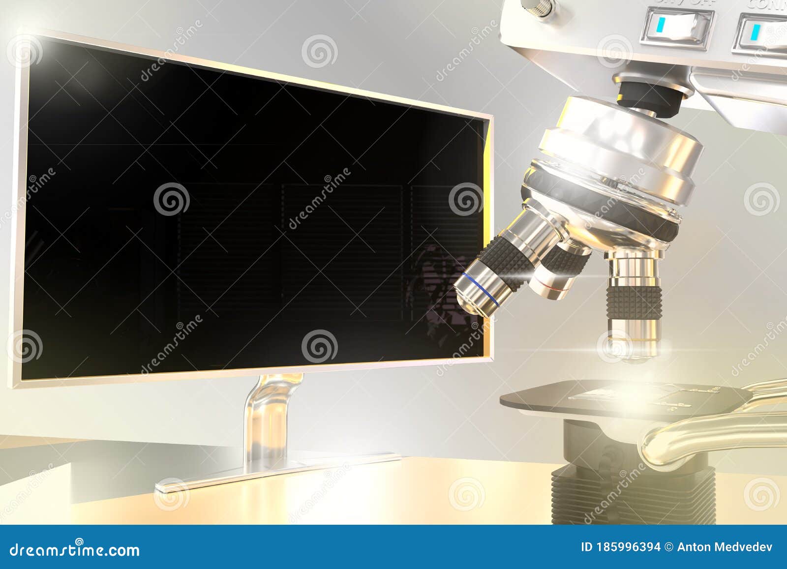 Bacteria Analyzing Concept, Laboratory Modern Microscope and Monitor ...