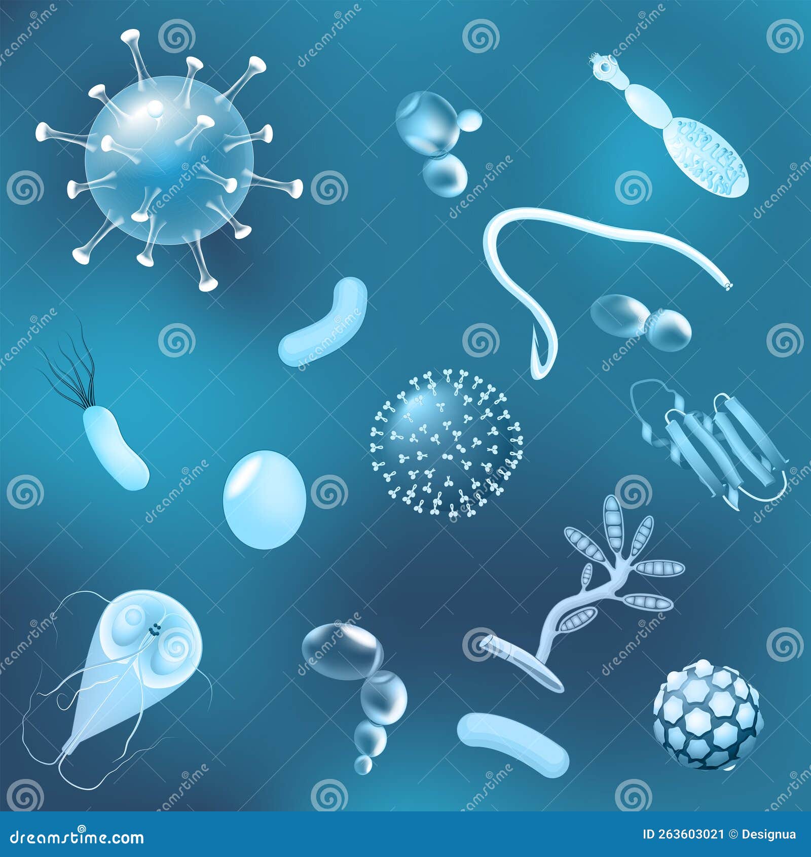 Bacteria, Fungi and Viruses with Glowing Effect. Pattern. Vector ...