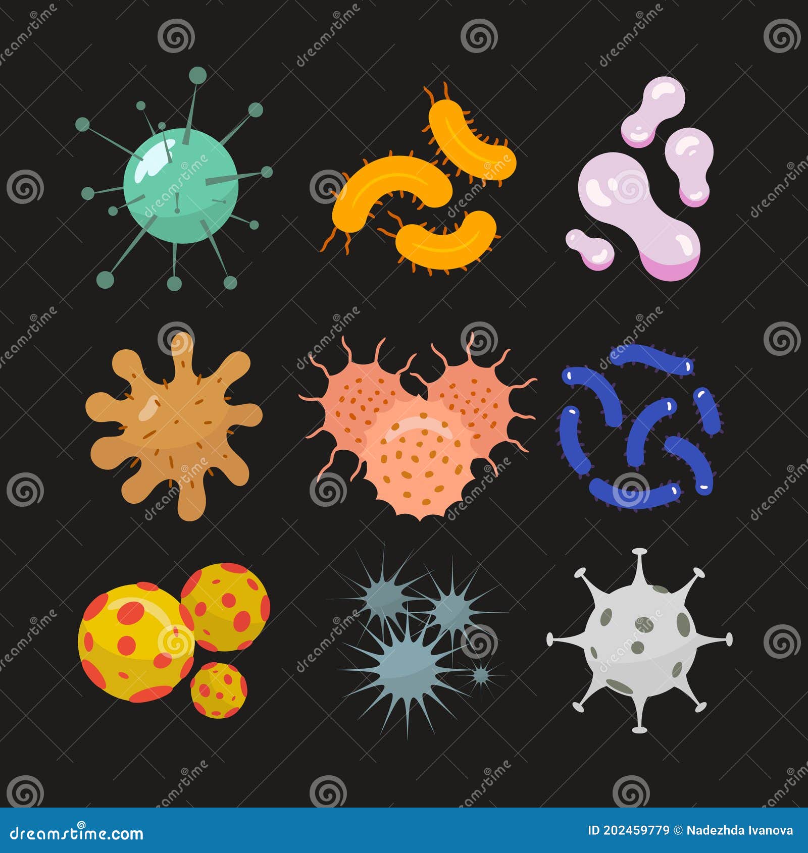 Bacteria and Germs Colourful Flat Design Set Vector Illustration Stock ...