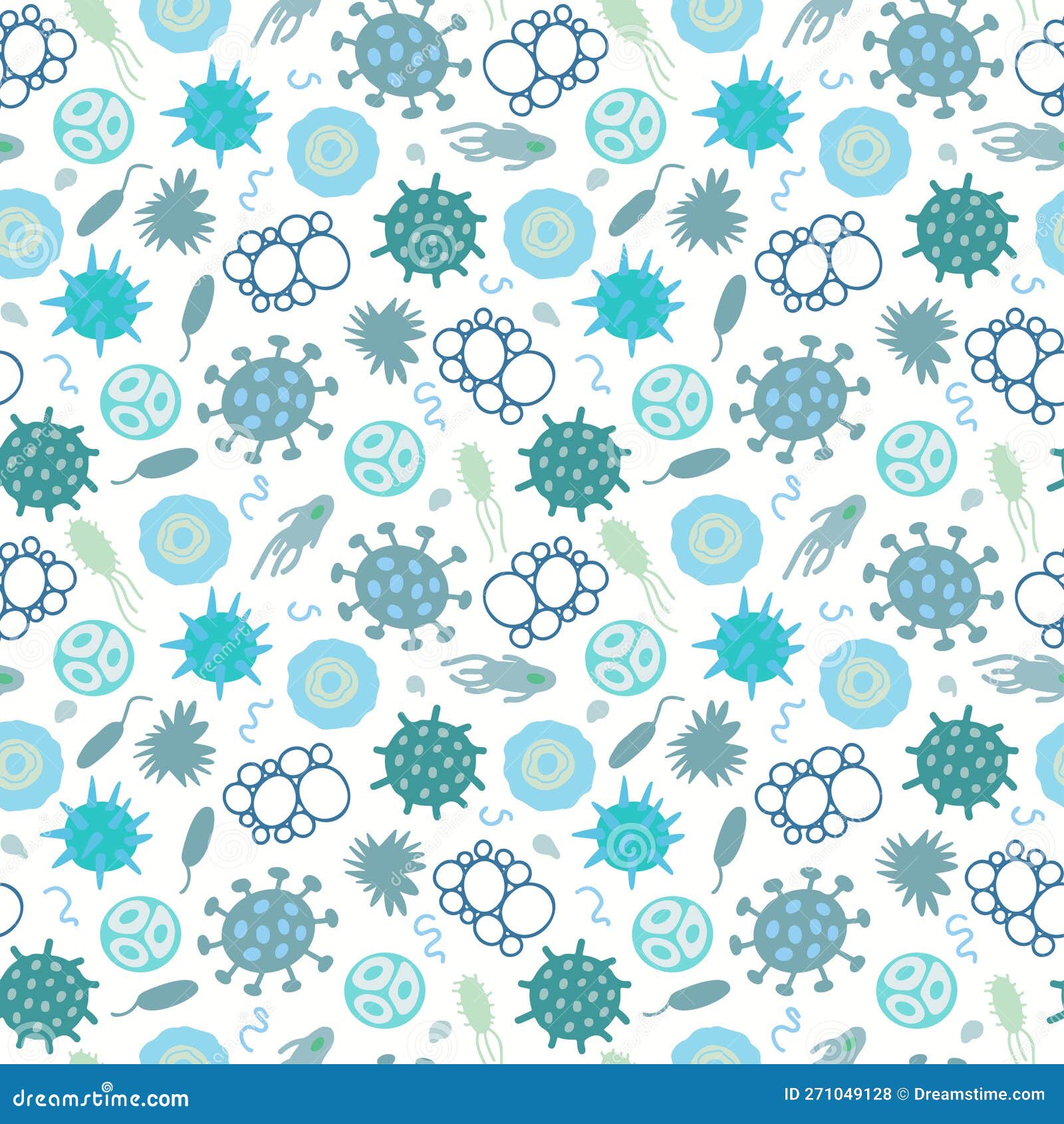 Bacteria and Germs Seamless Pattern. Hand Drawn Green and Blue ...