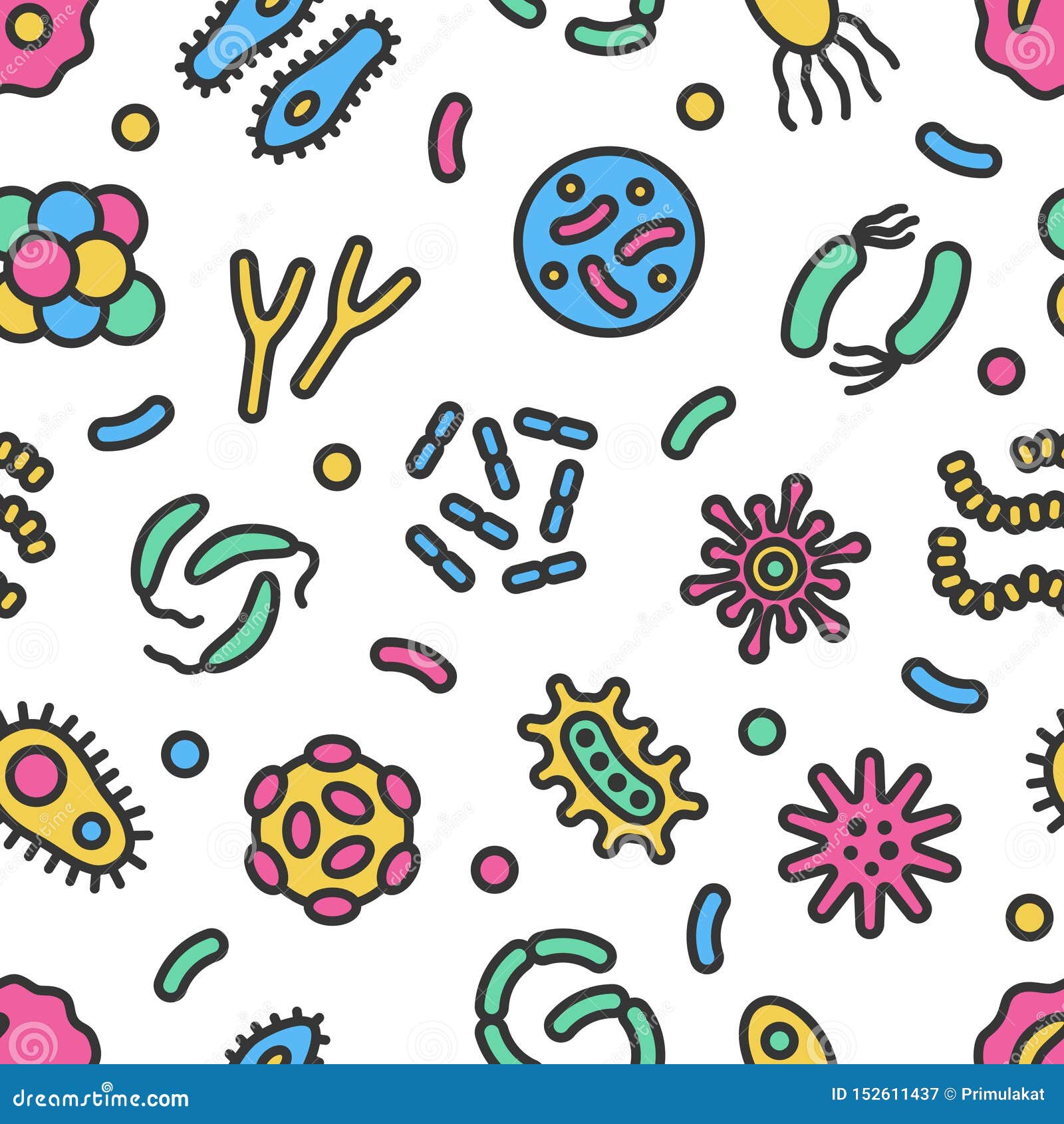 Bacteria, Microbe, Virus Colorful Vector Seamless Pattern with Outline ...