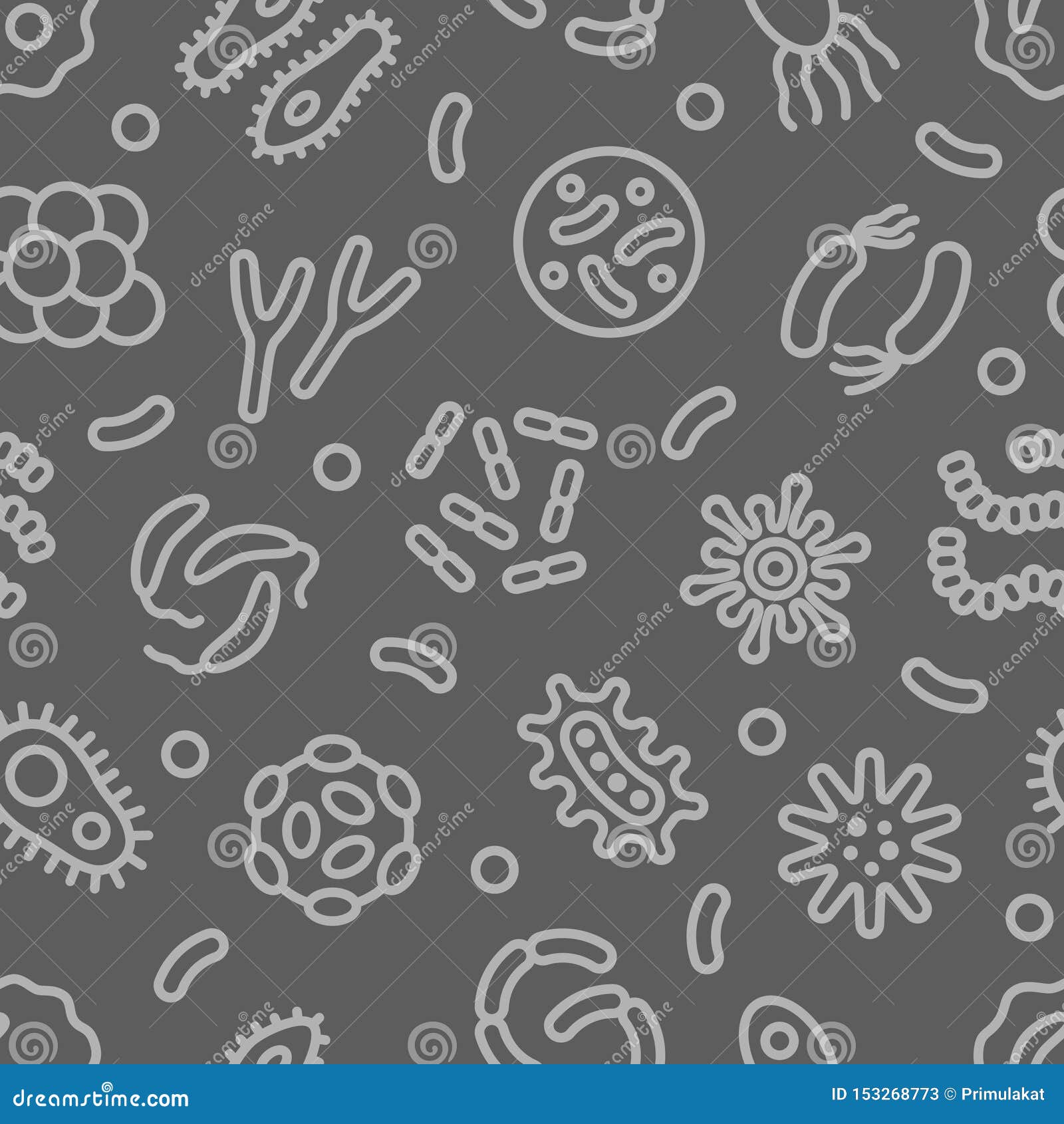 Bacteria, Microbe, Virus Outline Vector Seamless Pattern on Grey ...