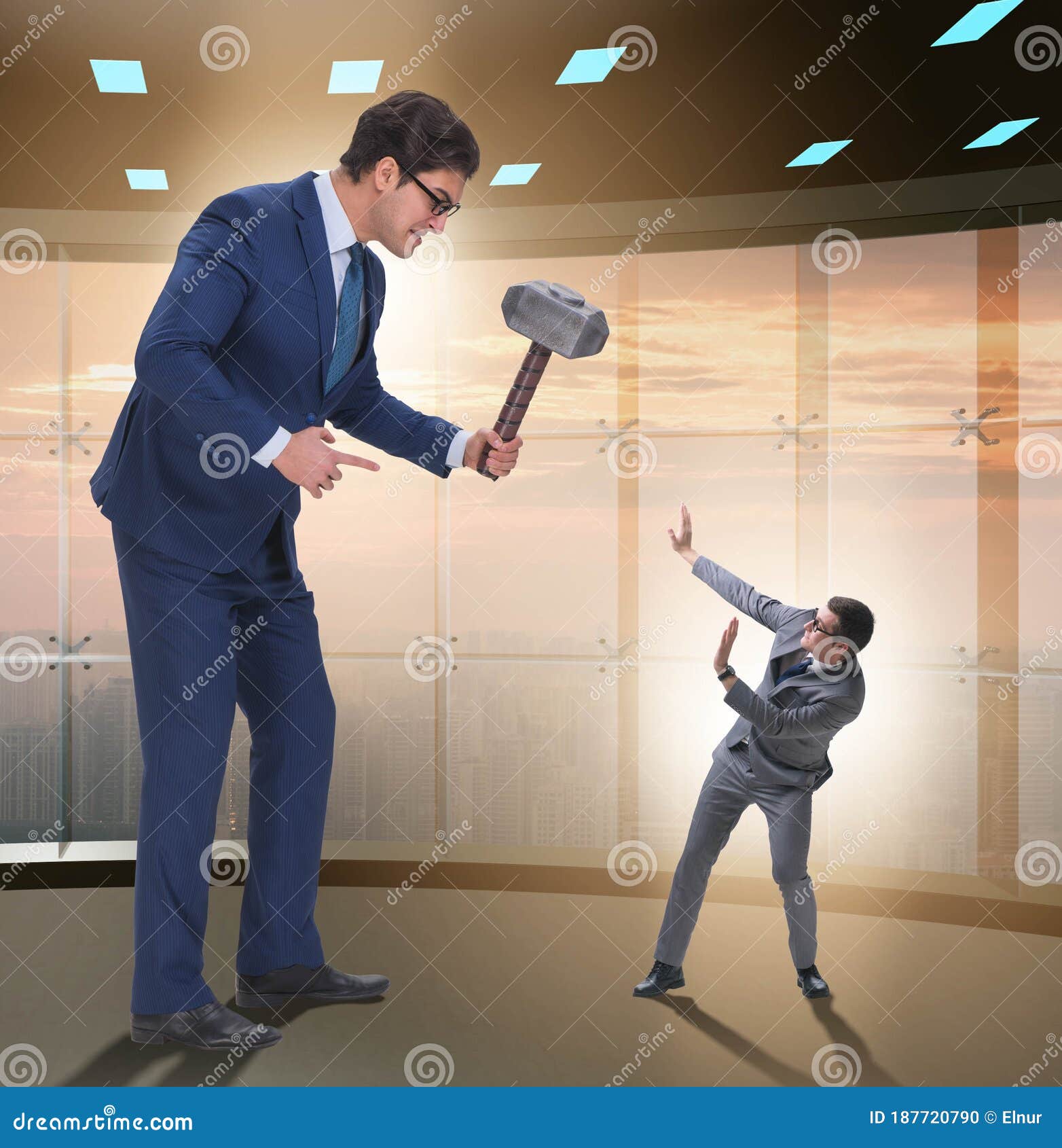 Bad Angry Boss Threatening Employee with Hammer Stock Photo - Image of ...