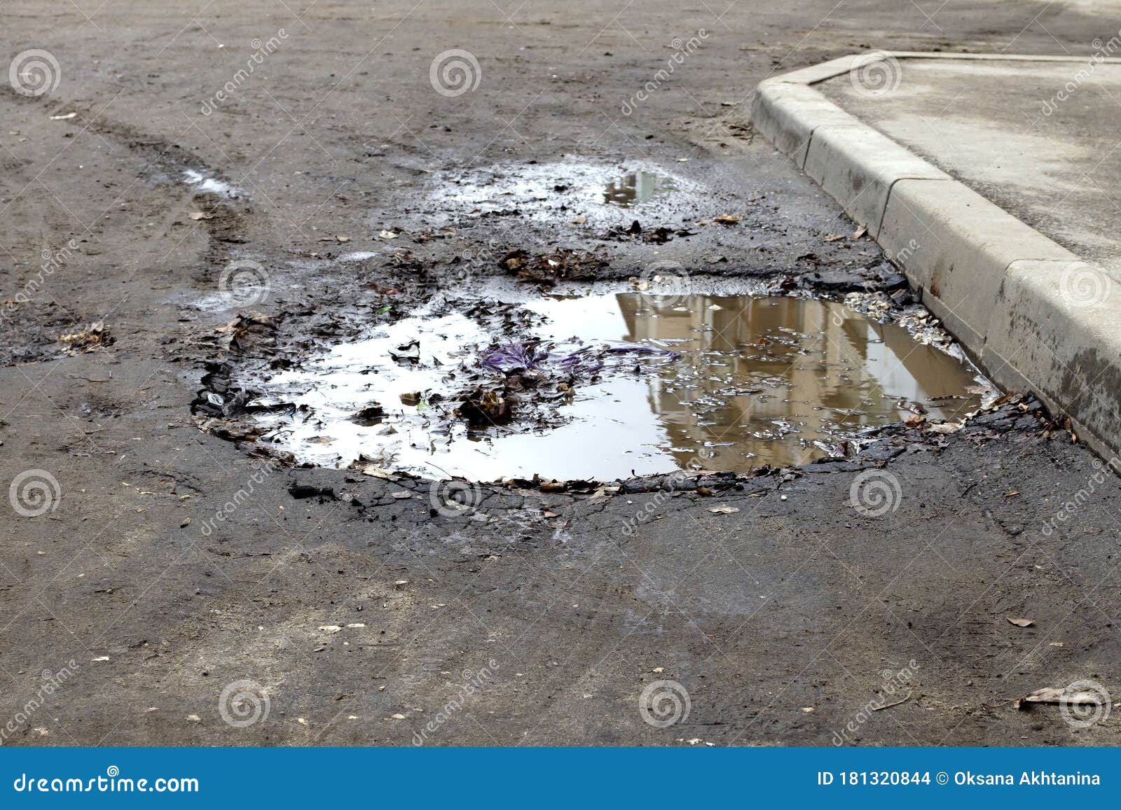 Bad Asphalt Road with Pit and Puddle Stock Photo - Image of ...