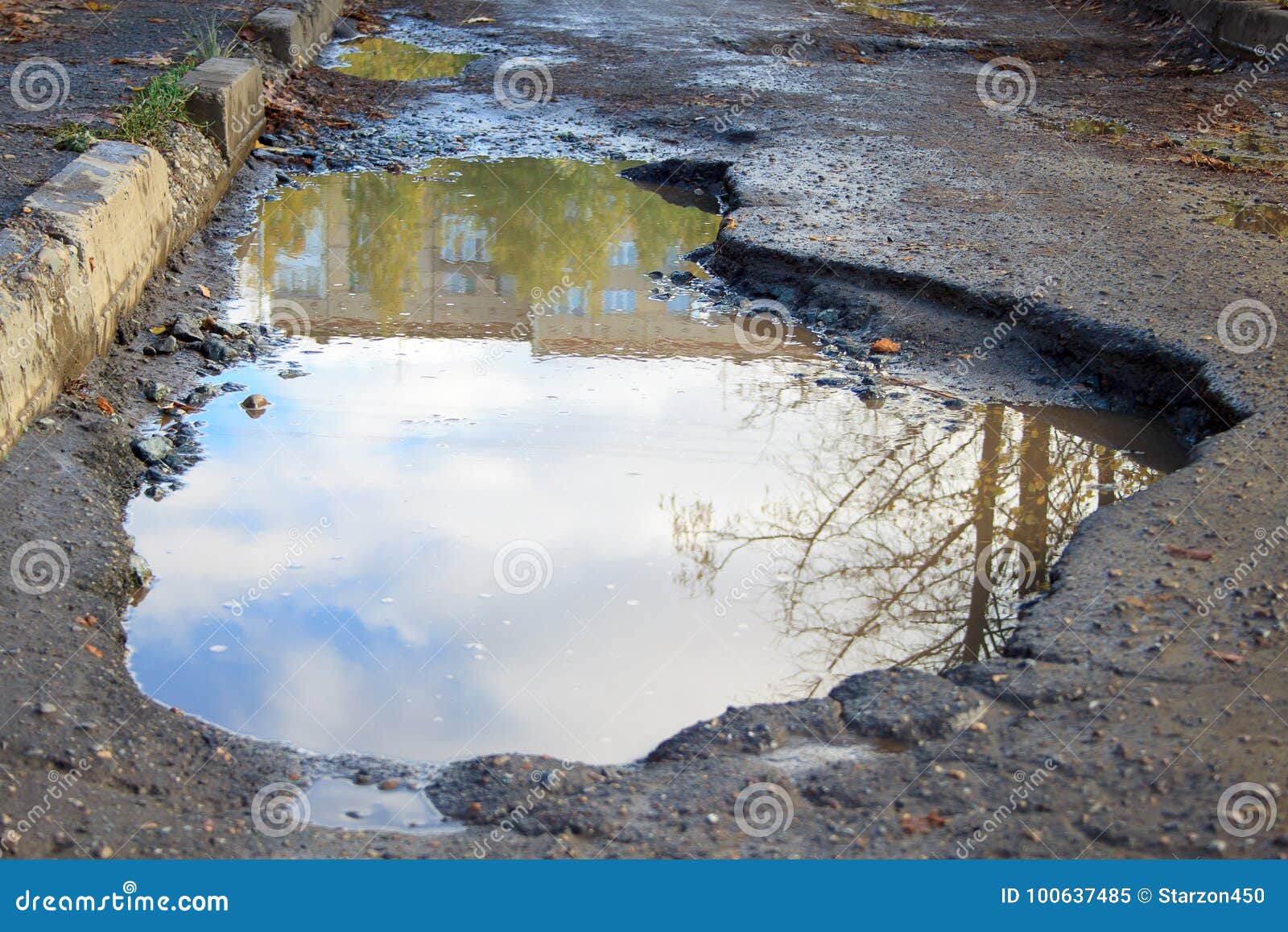 The Bad Asphalted Road with a Big Pothole. Stock Image - Image of blue ...
