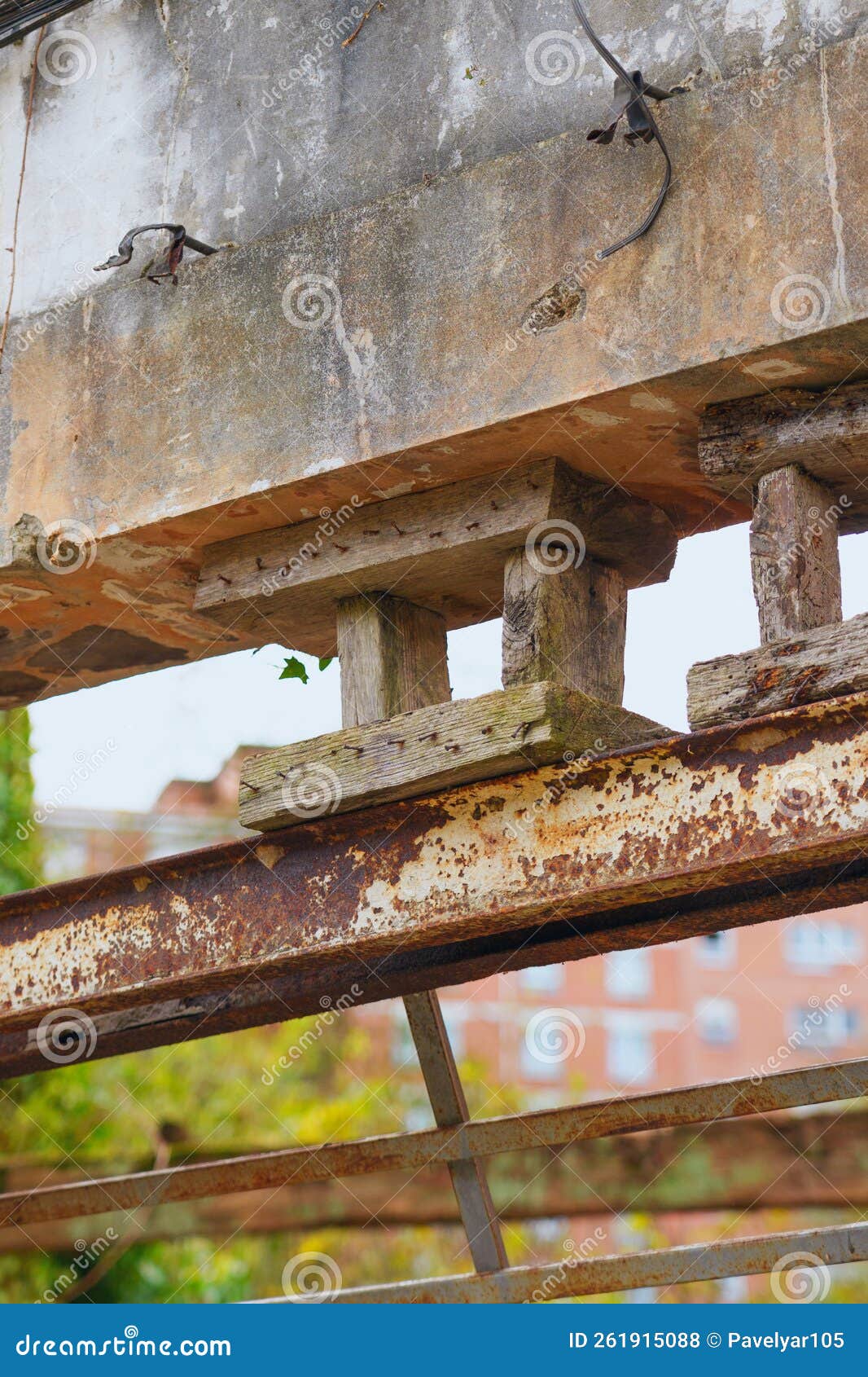 Bad Cracked Wooden Support of Metal Beams of the Bridge Engineering ...