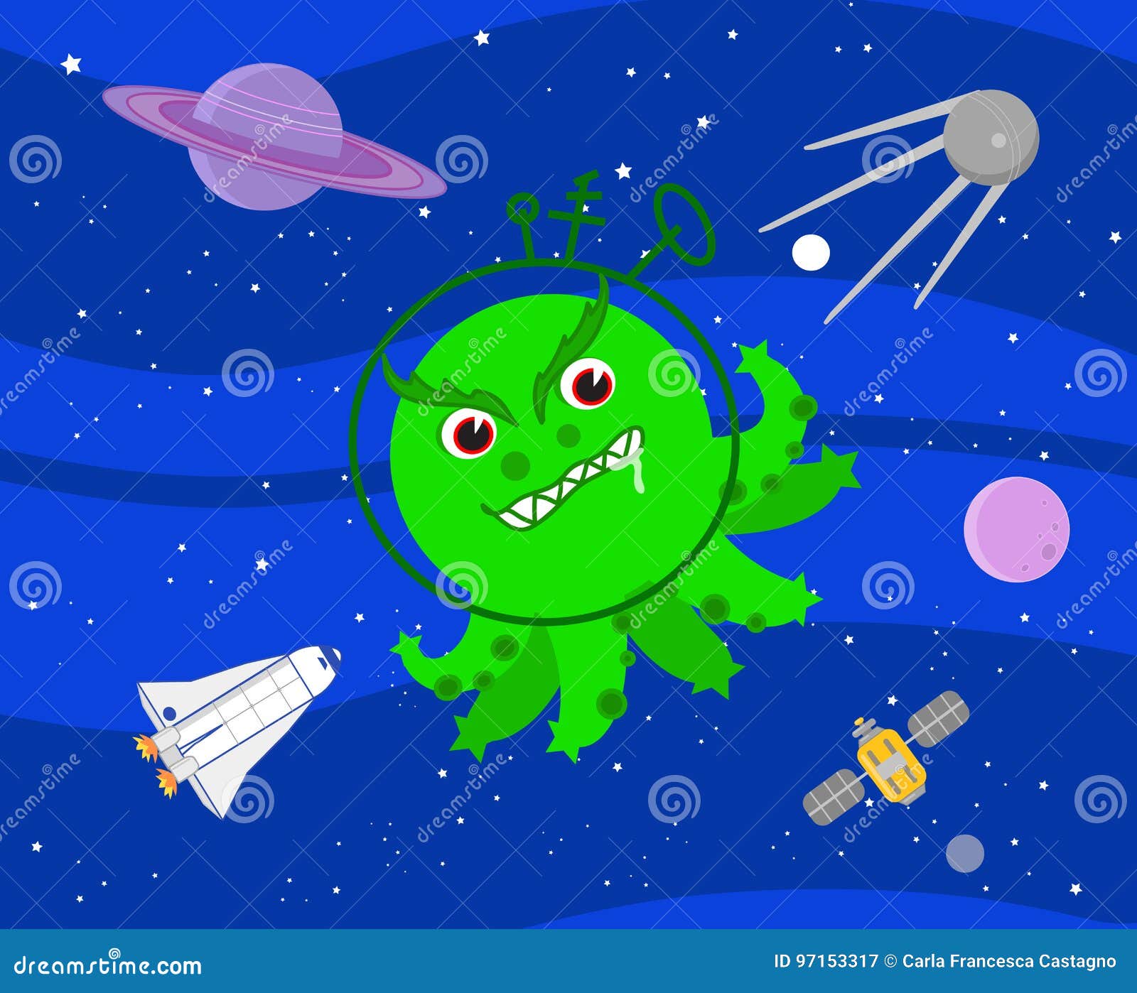 Bad Green Alien in Outer Space Vector Stock Vector - Illustration of ...