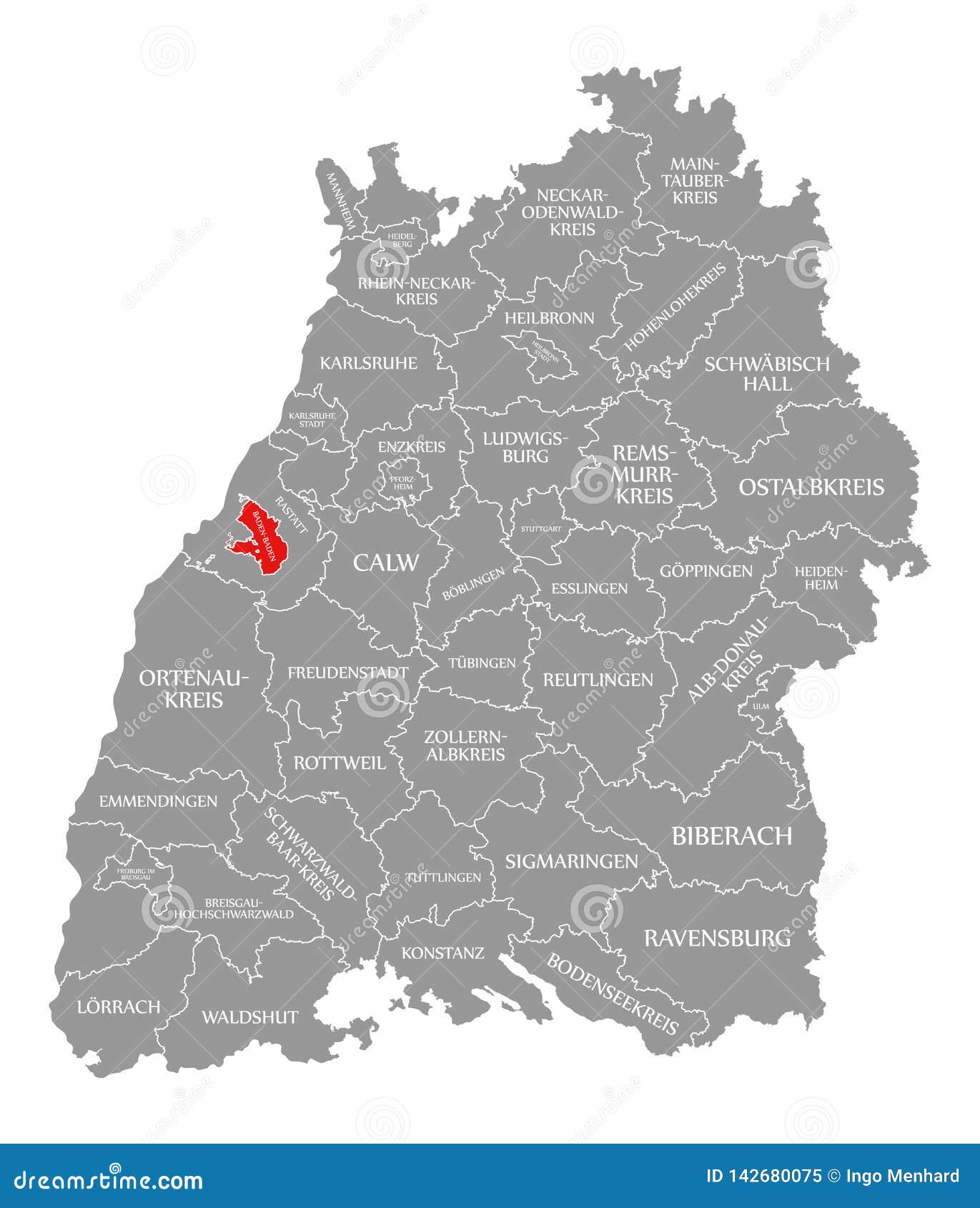 Baden-Baden County Red Highlighted in Map of Baden Wuerttemberg Germany ...