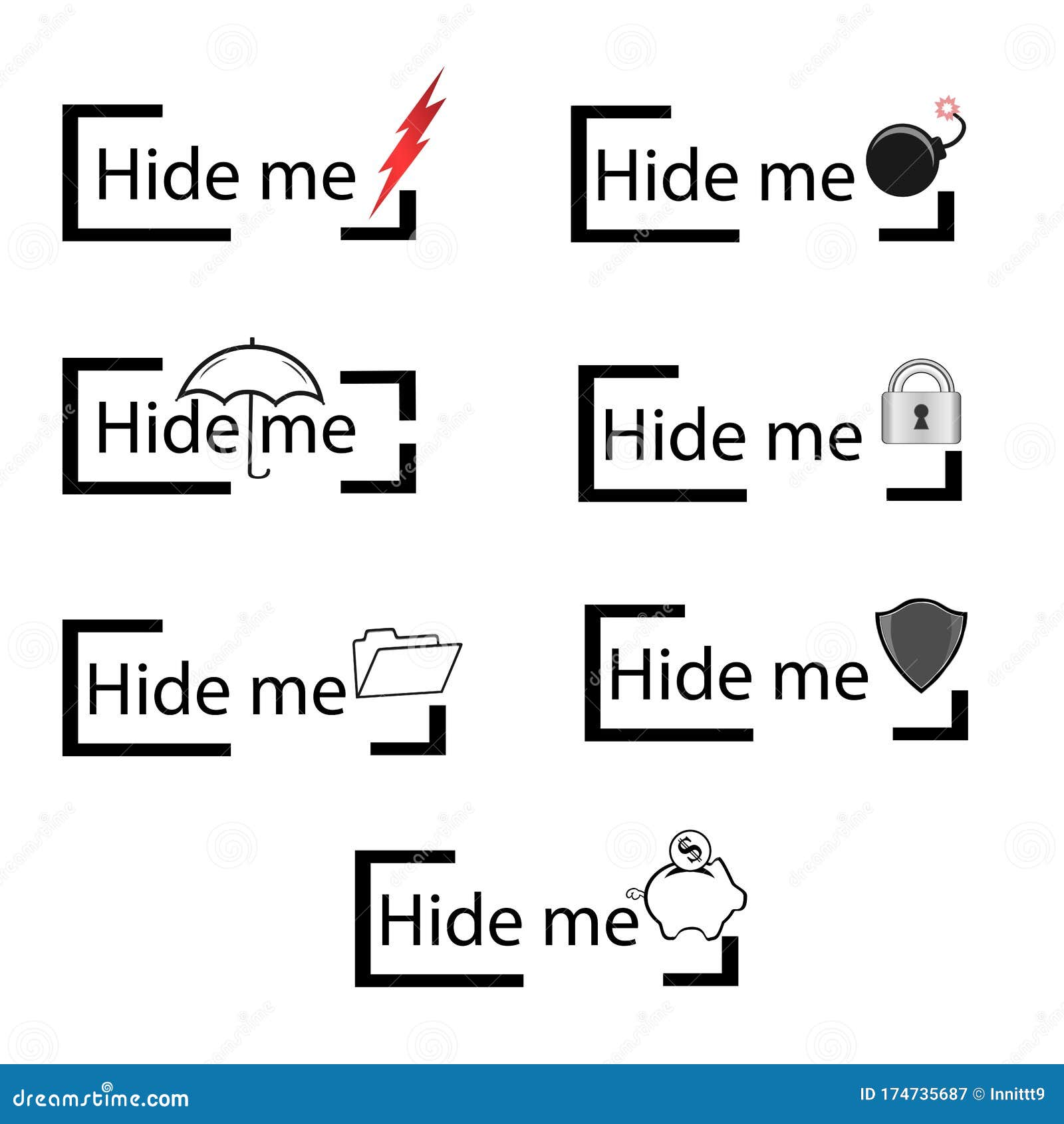 Badge `Hide Me` Message. Set of Icons Such As Messages, Hide, Locked ...
